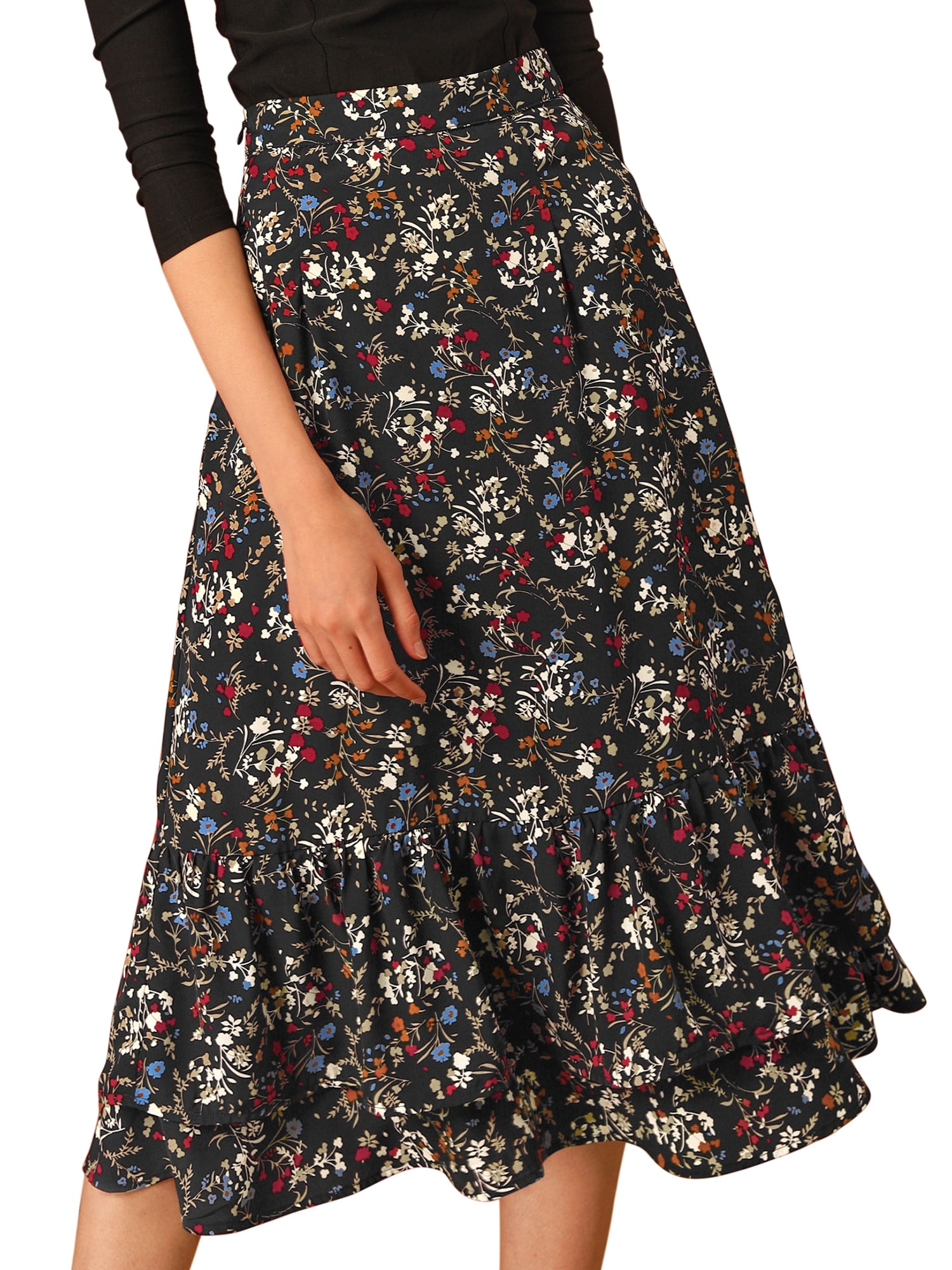 INSPIRE CHIC Women's Chiffon Skirts Elastic Waist Ruffle Tiered Floral ...