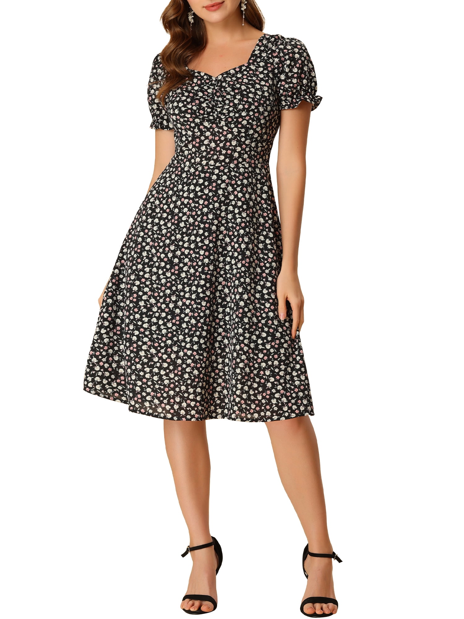 Allegra K Women's Printed Sweetheart Neck Puff Sleeves Hidden Side ...