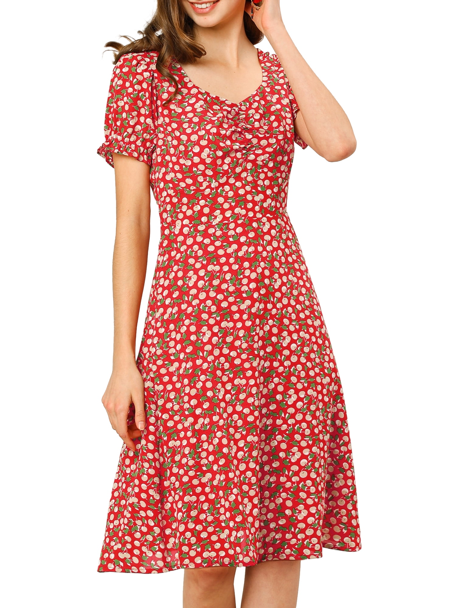Allegra K Womens Printed Sweetheart Neck Puff Sleeves Hidden Side