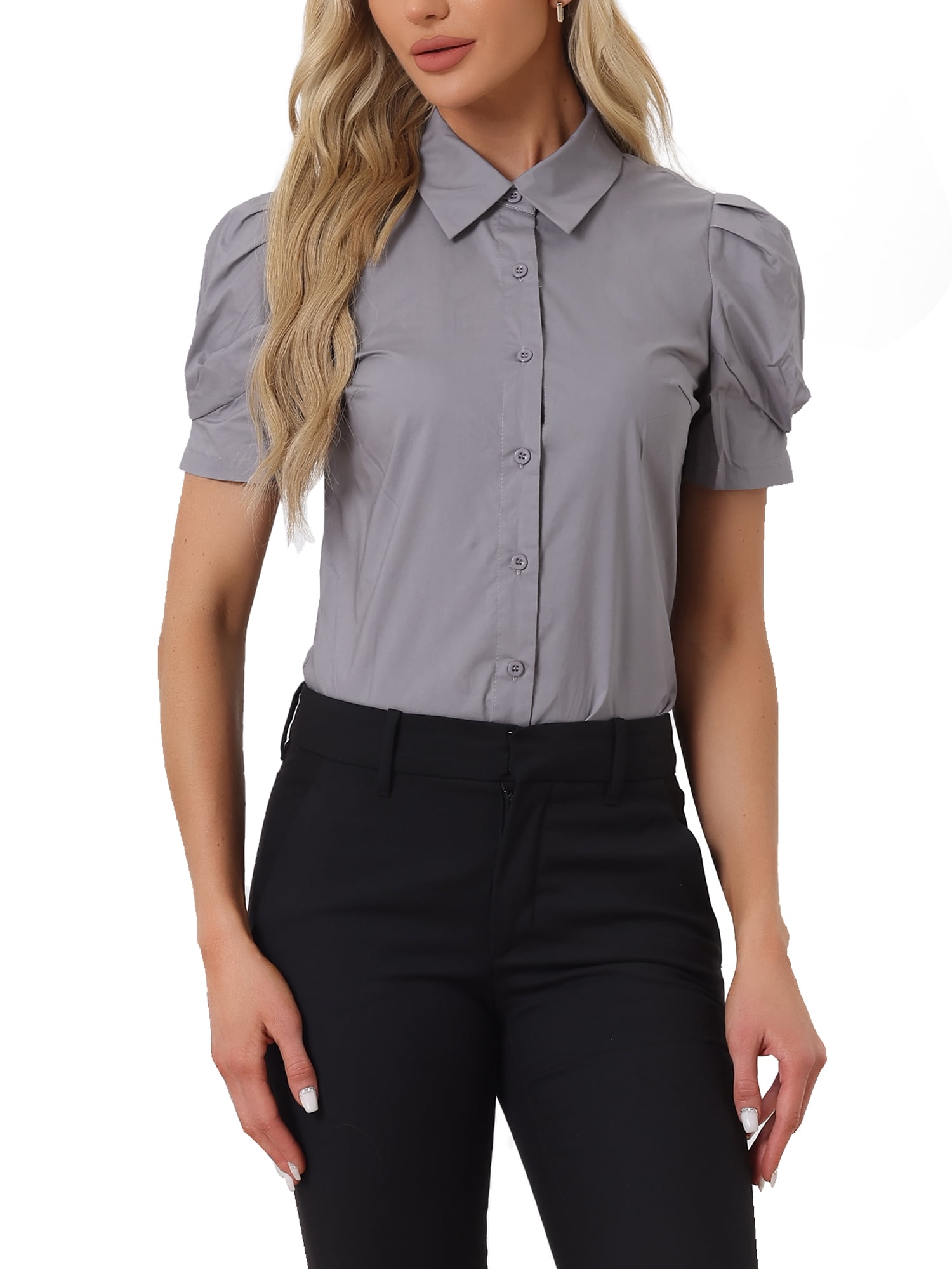 Allegra K Women's Puff Short Sleeve Turn Down Collared Work Office ...