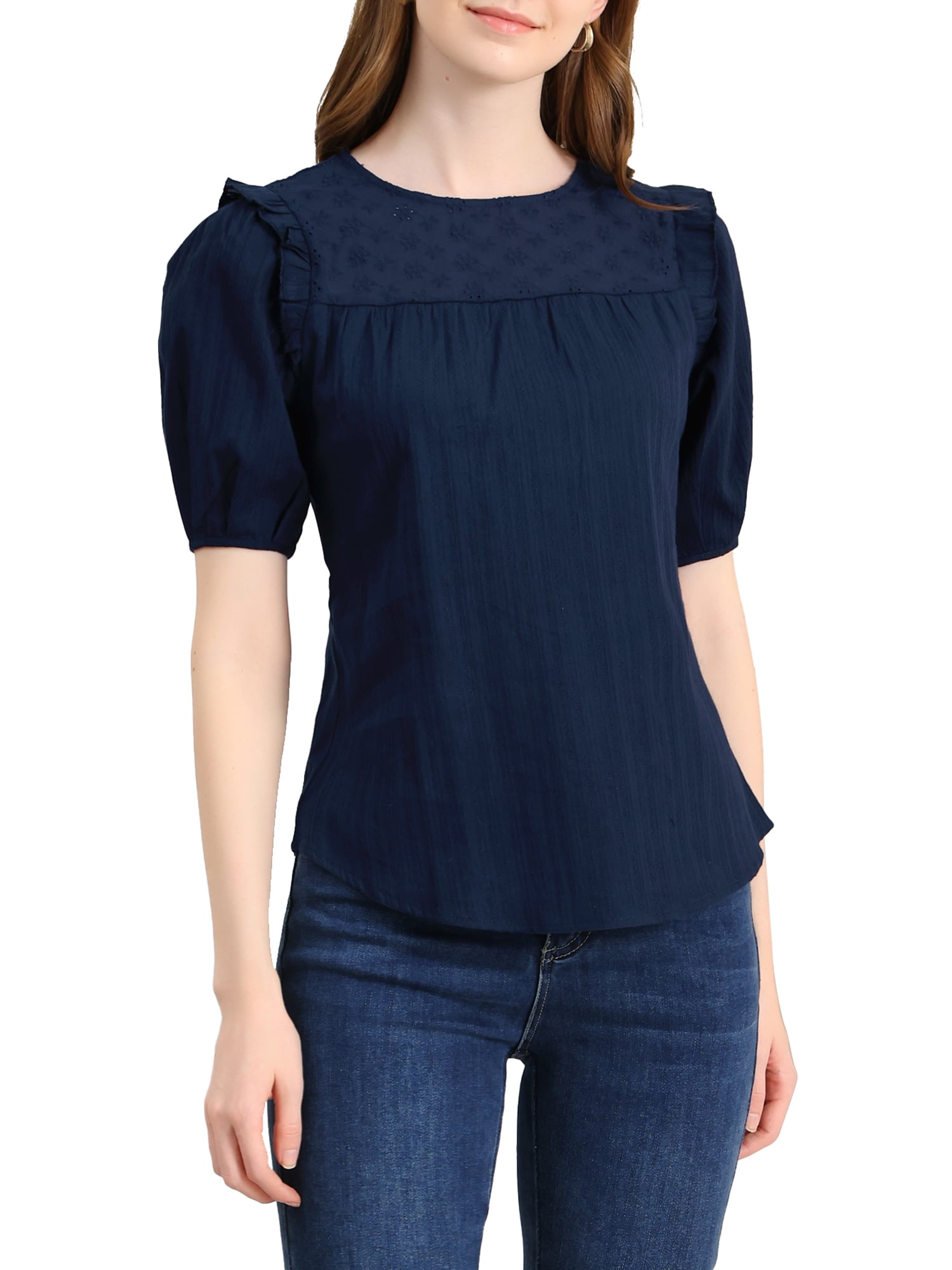 Allegra K Women's Puff Shoulder Round Neck Collarless Ruffle Keyhole ...