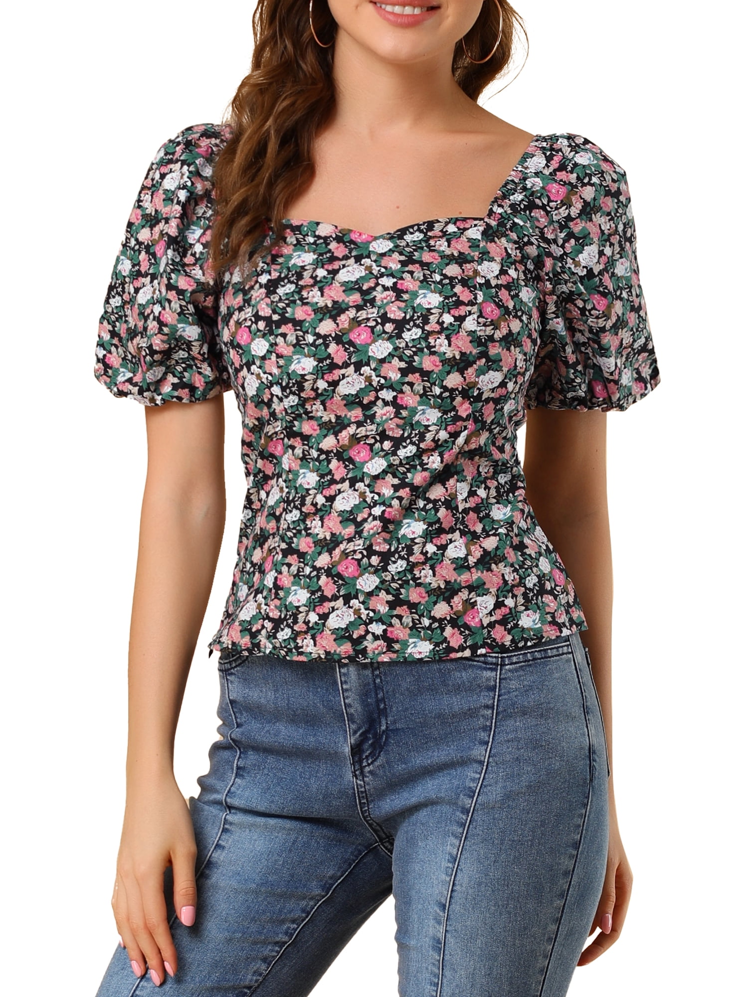 INSPIRE CHIC Women's Floral Blouse Sweetheart Square Neck Puff Sleeve ...