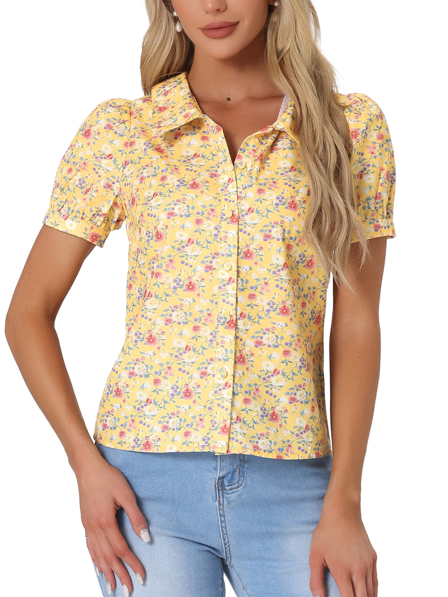 INSPIRE CHIC Women's Button Down Blouse Puff Short Sleeve Turndown ...
