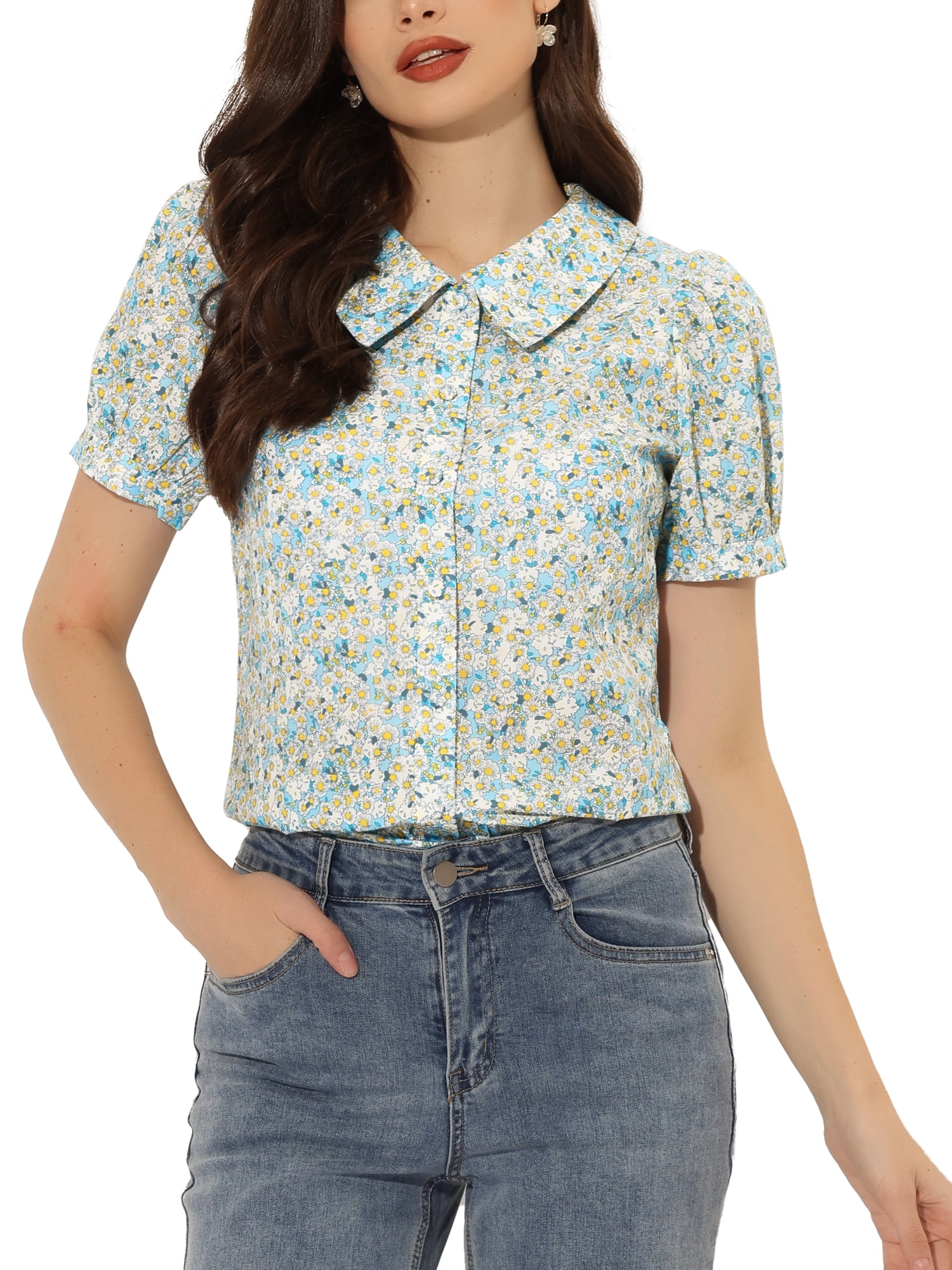 INSPIRE CHIC Women's Puff Sleeves Turndown Collar Button Down Floral ...