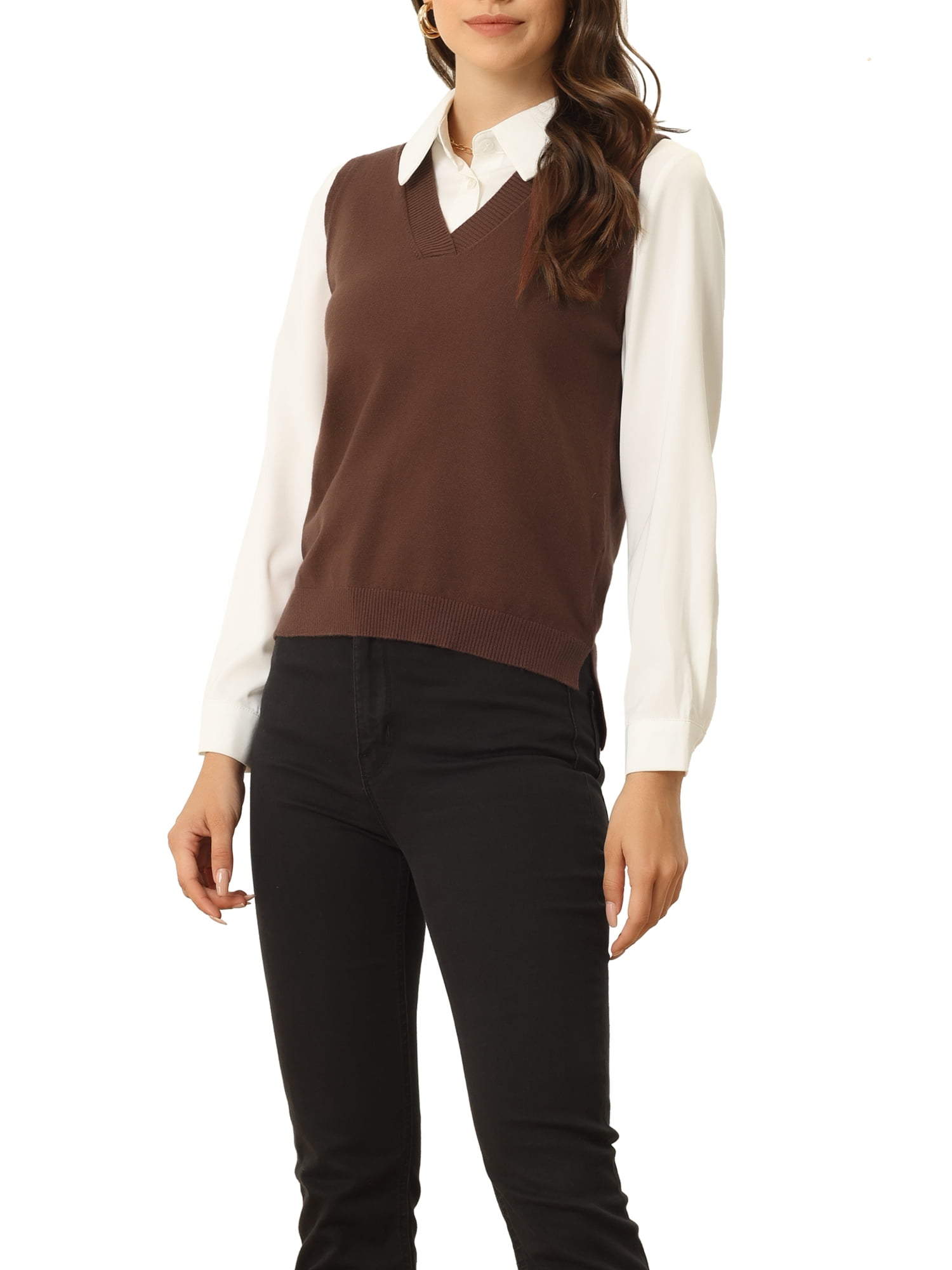 Allegra K Women's Pullover Knit Sweaters Solid Color V Neck Sleeveless ...