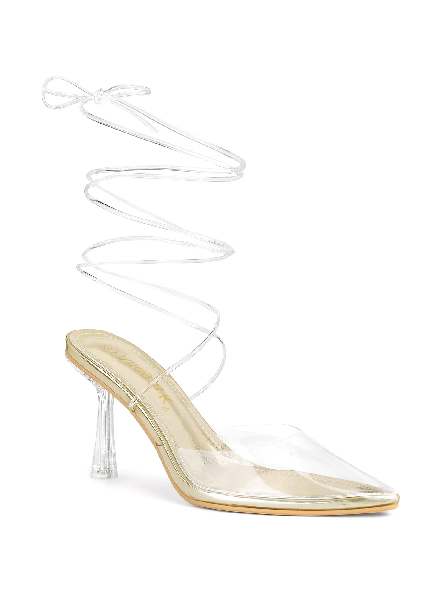 BLISSFUL STEP Women's Pumps Stiletto Heels Lace up Clear Heel Pumps ...