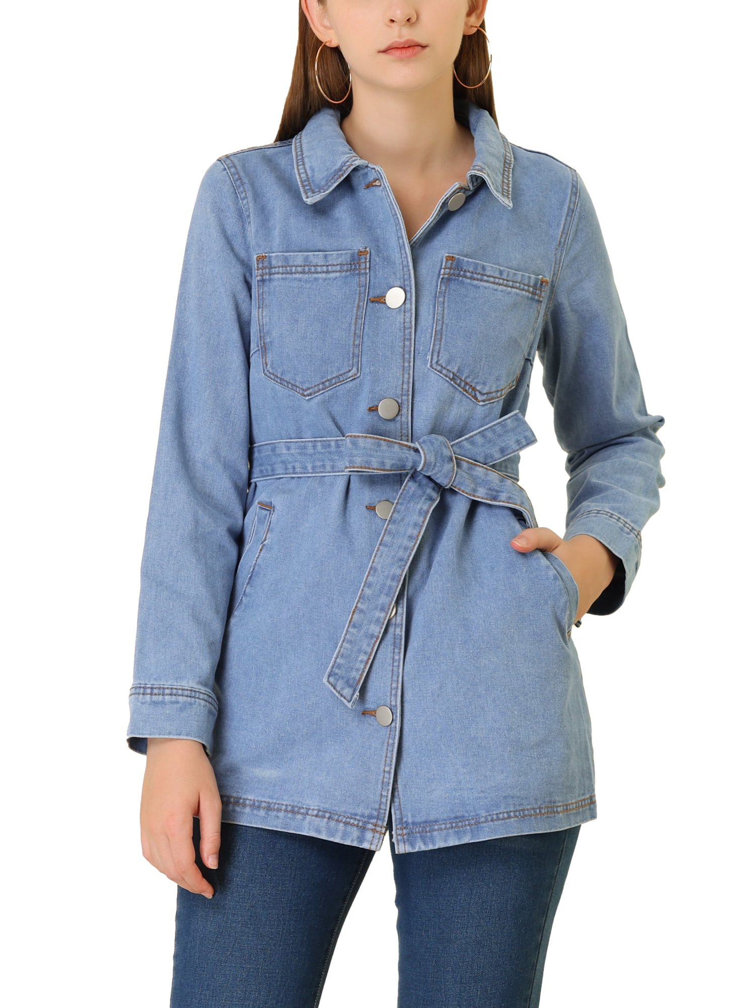 INSPIRE CHIC Women's Jean Jackets Long Sleeves Tie Waist Button Down Casual Denim Jacket S Dusty ...