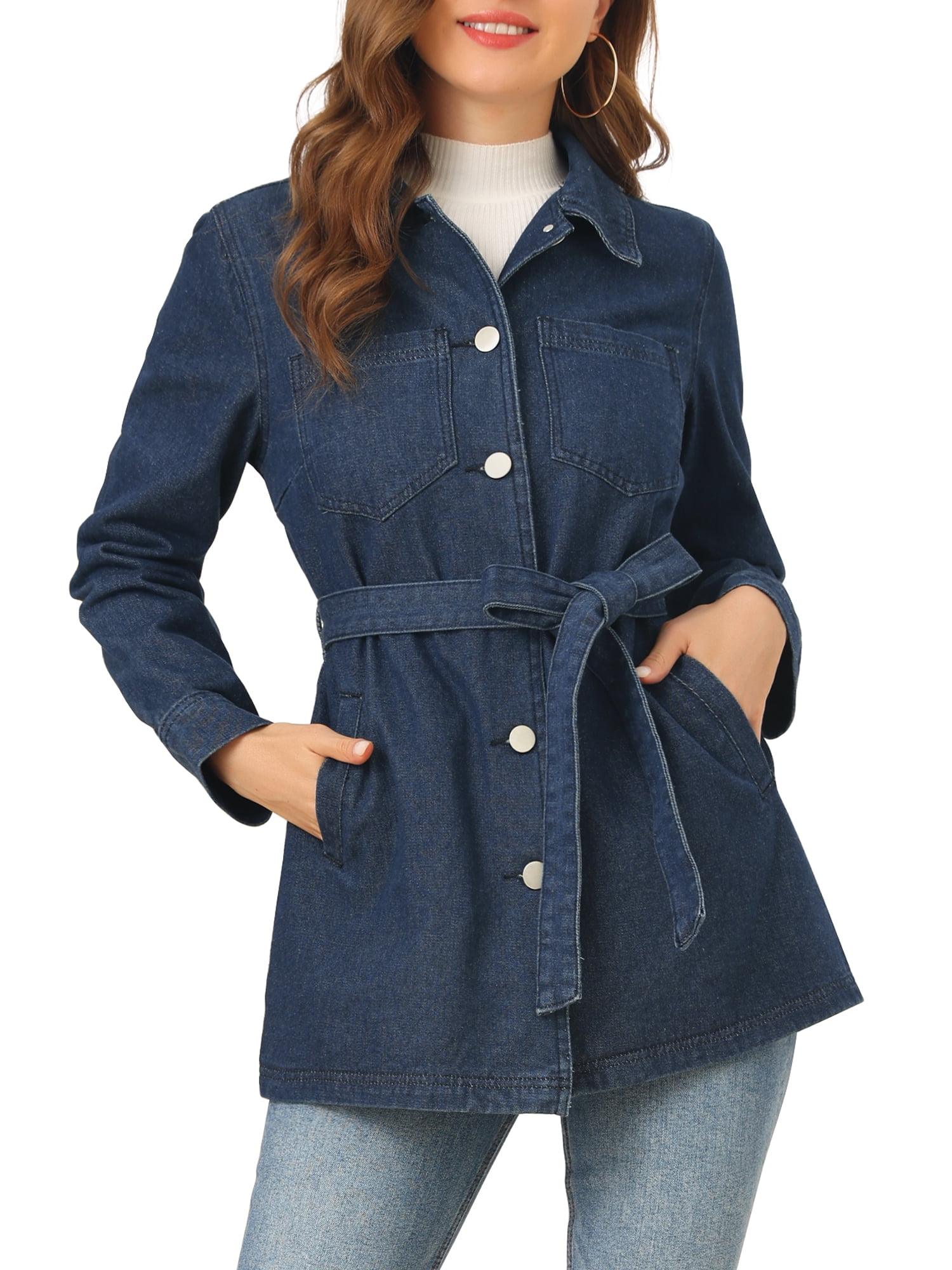 INSPIRE CHIC Women's Jean Jackets Long Sleeves Tie Waist Button Down Casual Denim Jacket XL Dark ...