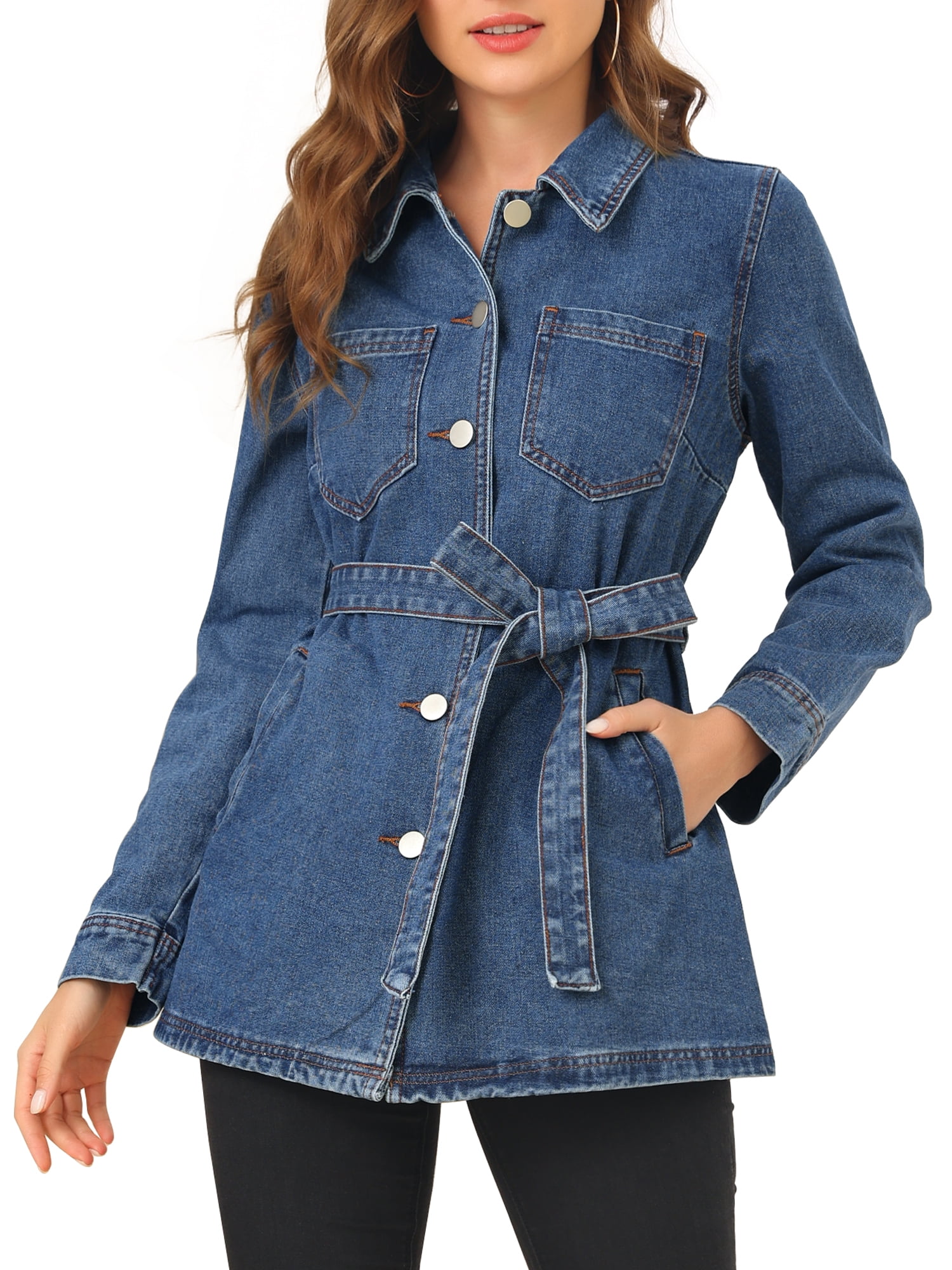 INSPIRE CHIC Women's Jean Jackets Long Sleeves Tie Waist Button Down Casual Denim Jacket XL ...