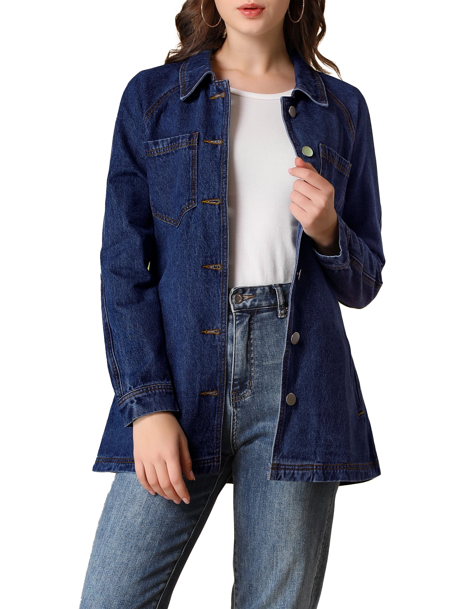 INSPIRE CHIC Women's Jean Jackets Long Sleeves Tie Waist Button Down Casual Denim Jacket XS Blue ...