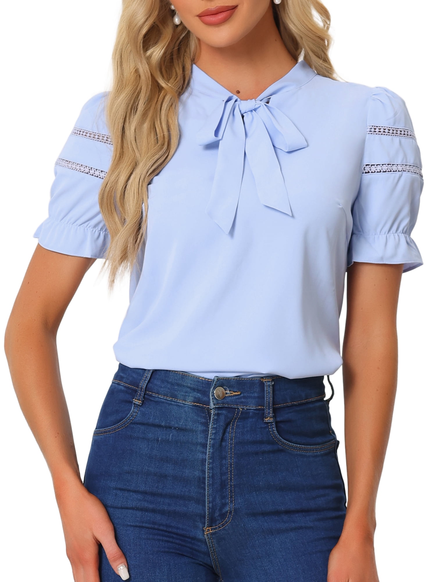 Allegra K Women's Relax Ruffle Cuff Short Sleeve Blouse Bow Tie Collar ...