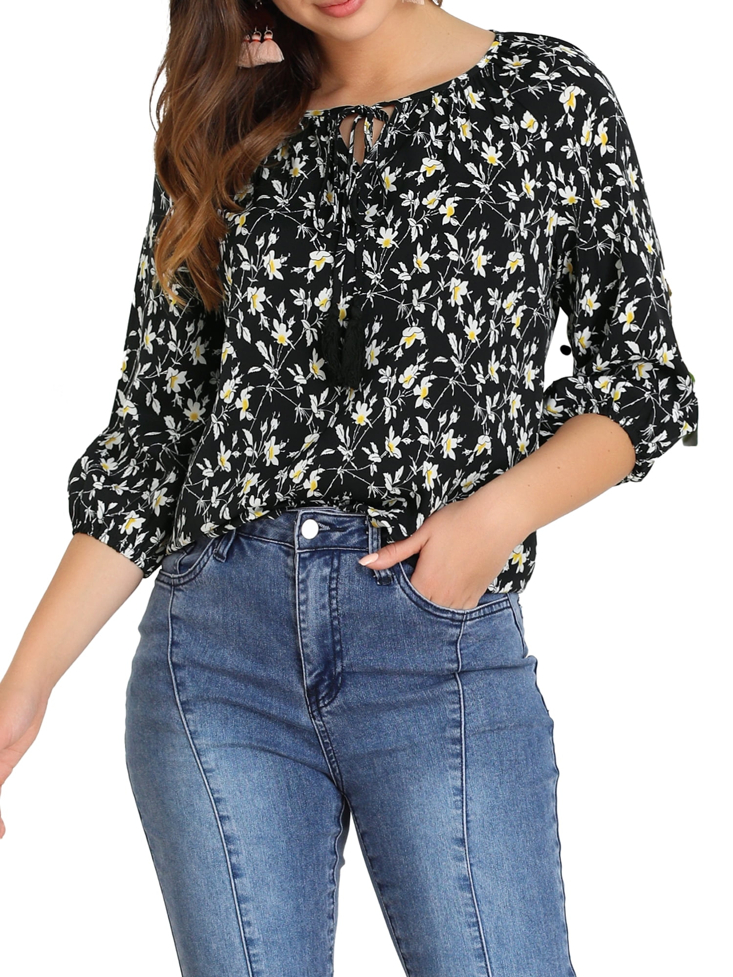 Allegra K Women's Retro 3/4 Sleeve Keyhole Tie Neck Floral Blouse Tops ...