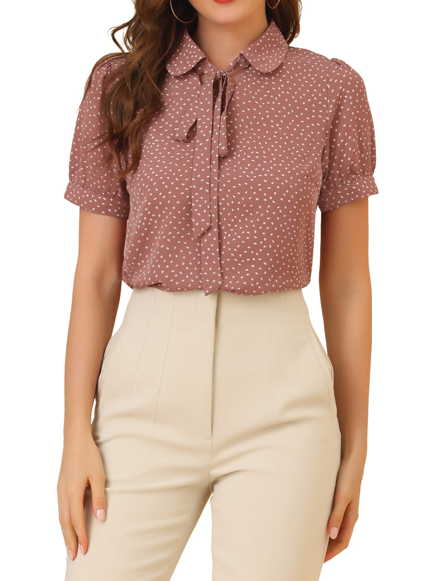 Allegra K Women's Retro Print Short Sleeve Bow Tie Peter Pan Collar ...