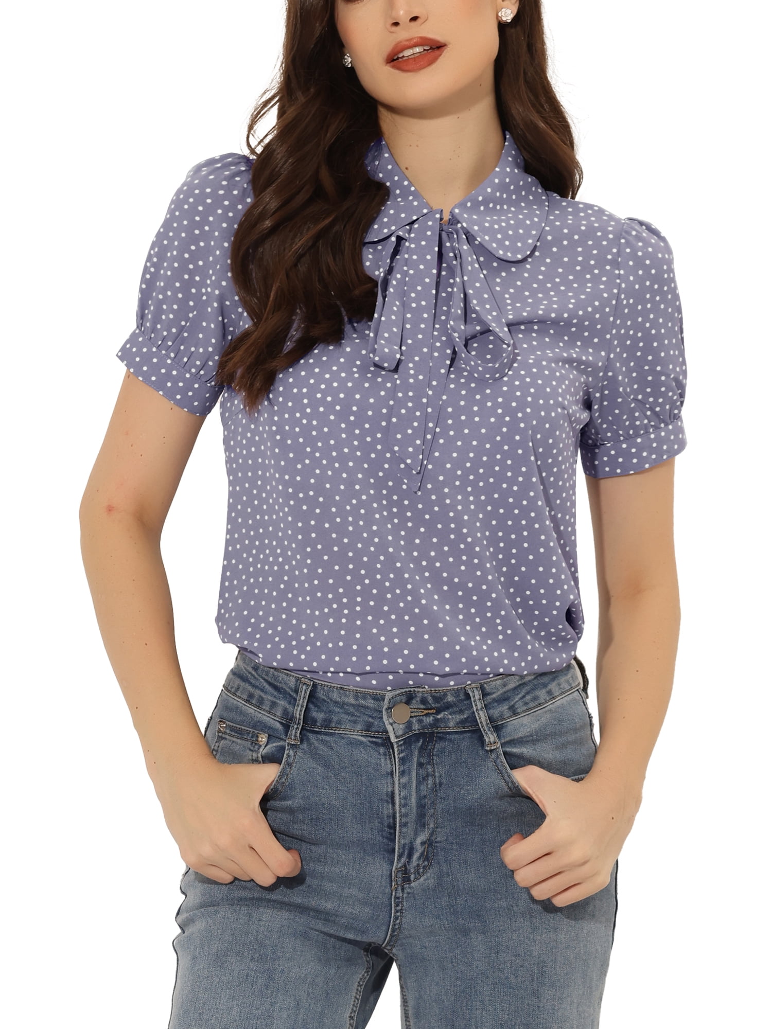 Allegra K Women's Retro Print Short Sleeve Bow Tie Peter Pan Collar Chiffon Blouse M Light ...