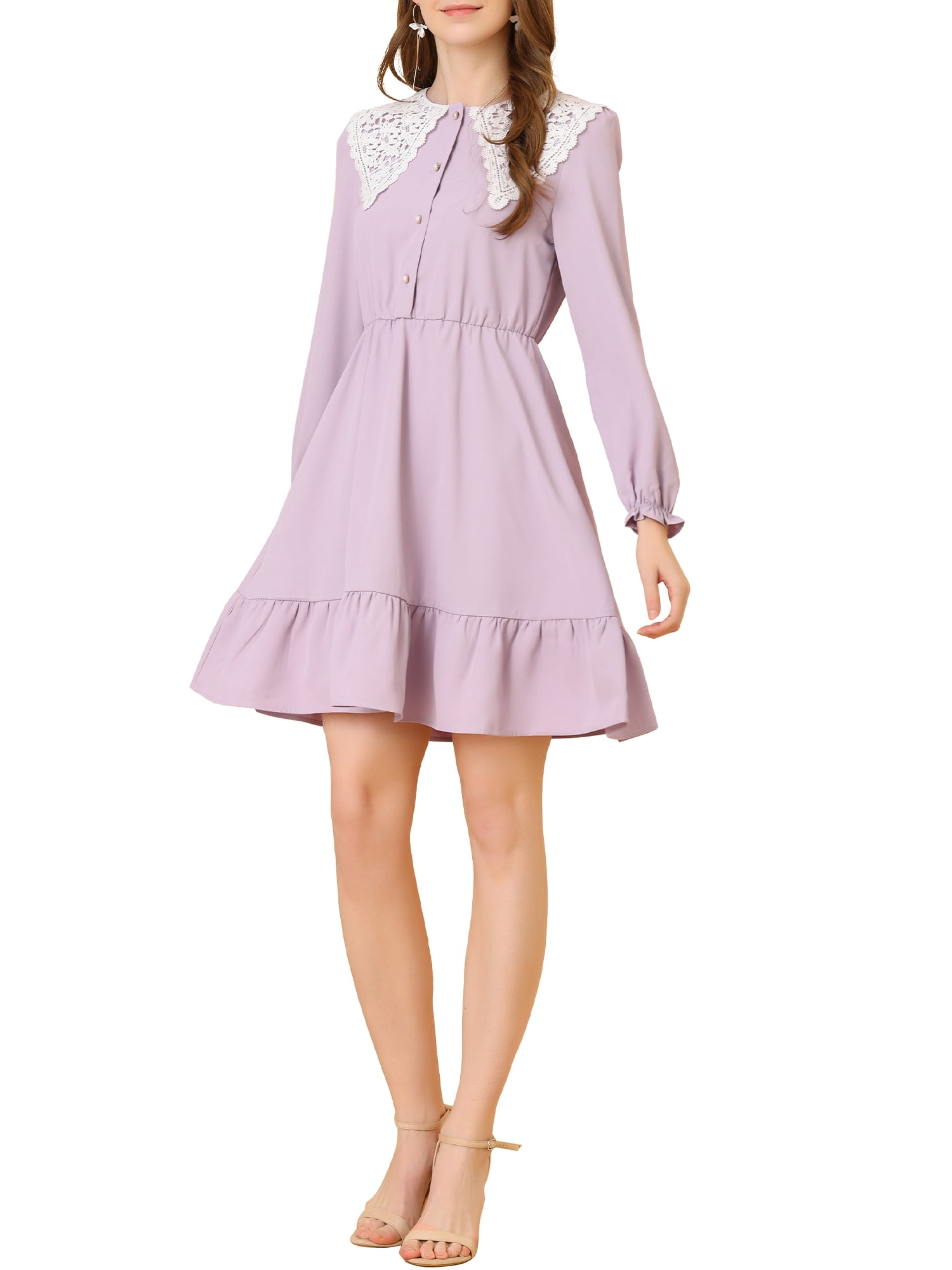 Allegra K Women's Retro Ruffle Hem Dresses A-Line Lace Panel Peter Pan ...