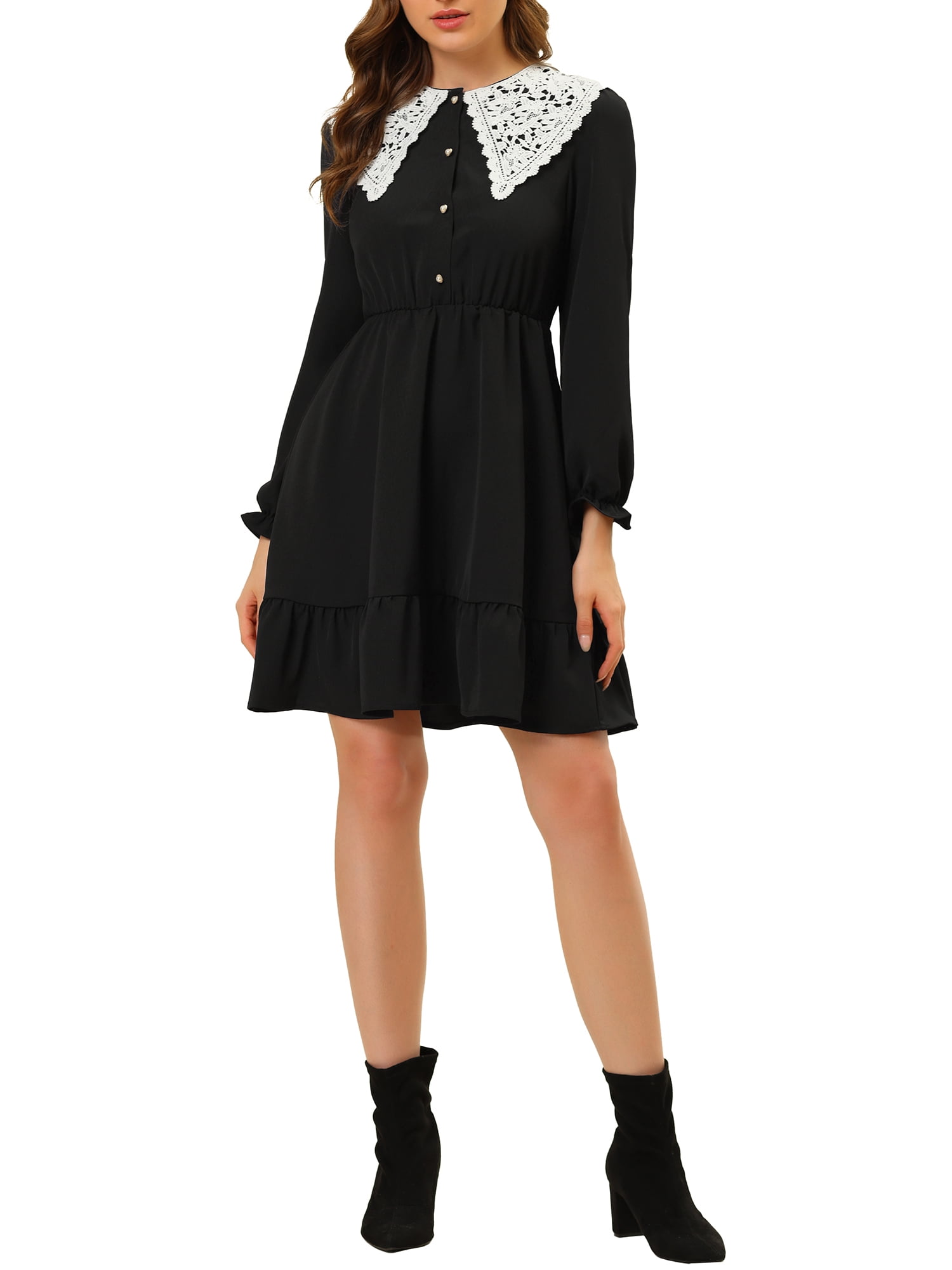 INSPIRE CHIC Women's Retro Ruffle Hem Dresses A-Line Lace Panel Peter ...