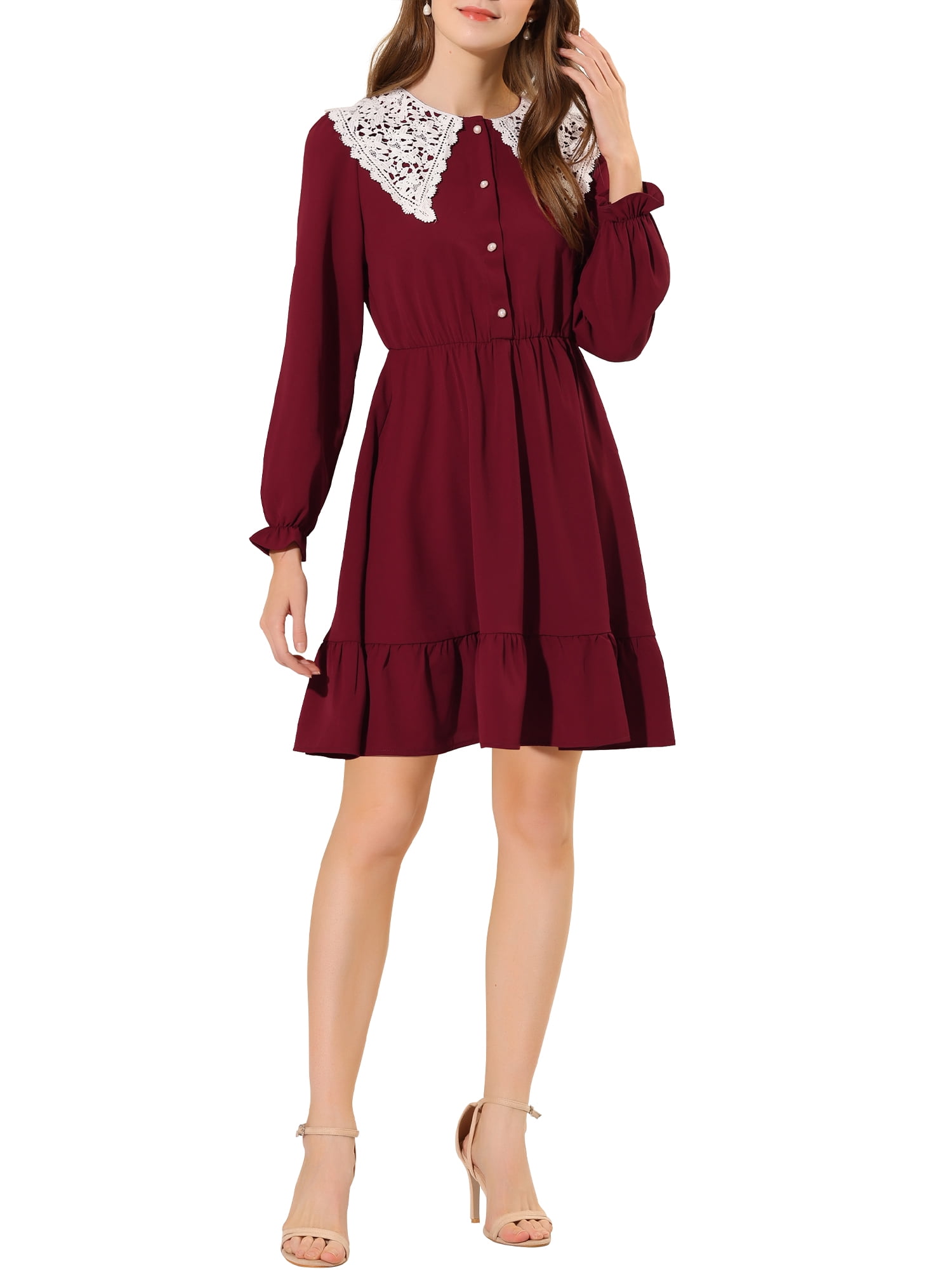 INSPIRE CHIC Women's Retro Ruffle Hem Dresses A-Line Lace Panel Peter ...