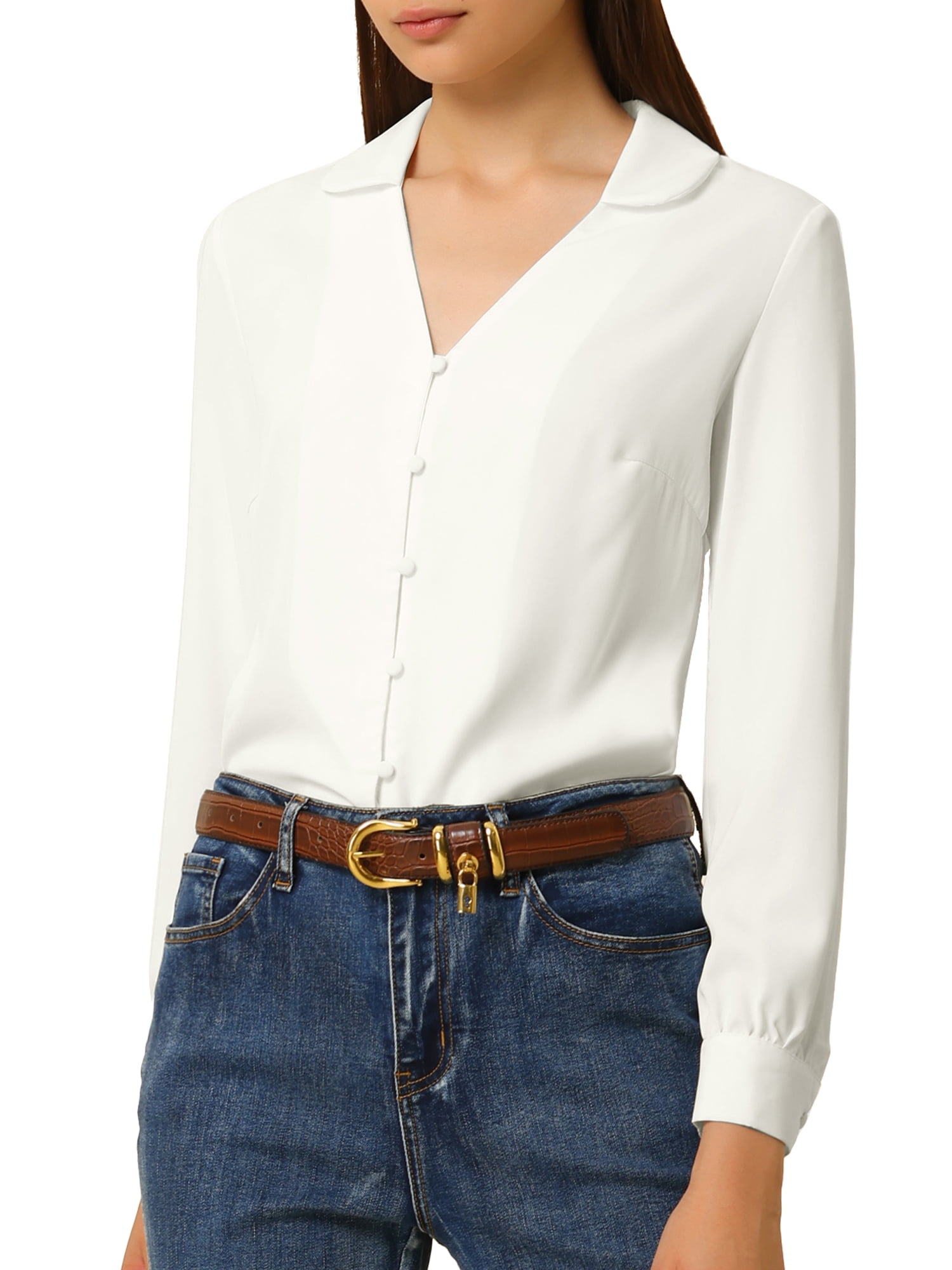 INSPIRE CHIC Women's Retro V Neck Long Sleeves Button Down Fall Work Blouse - Walmart.com