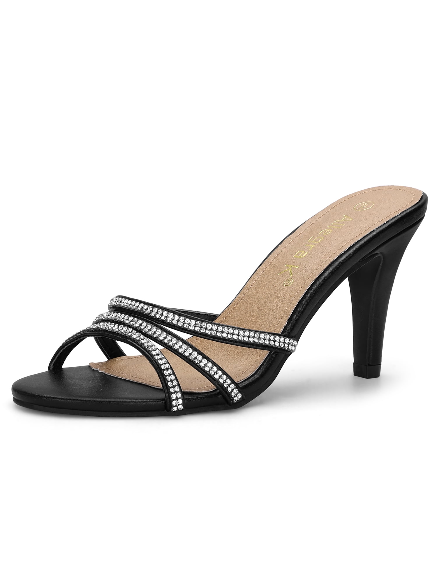 BLISSFUL STEP Women's Triple Strap Rhinestone Mules Open Toe Stiletto ...