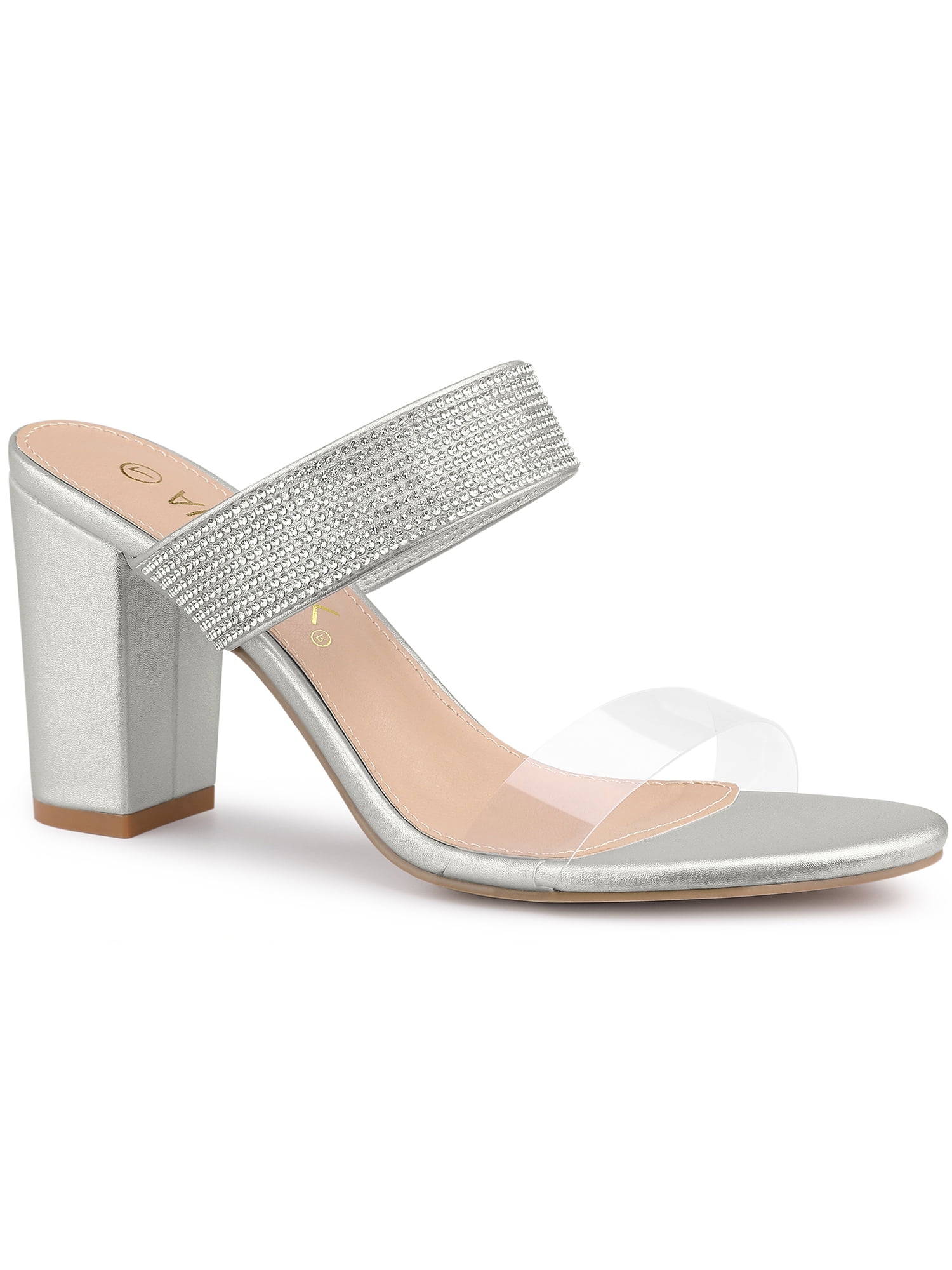 BLISSFUL STEP Women's Rhiness Heel Block Heels Slide Sandals Silver 9 ...