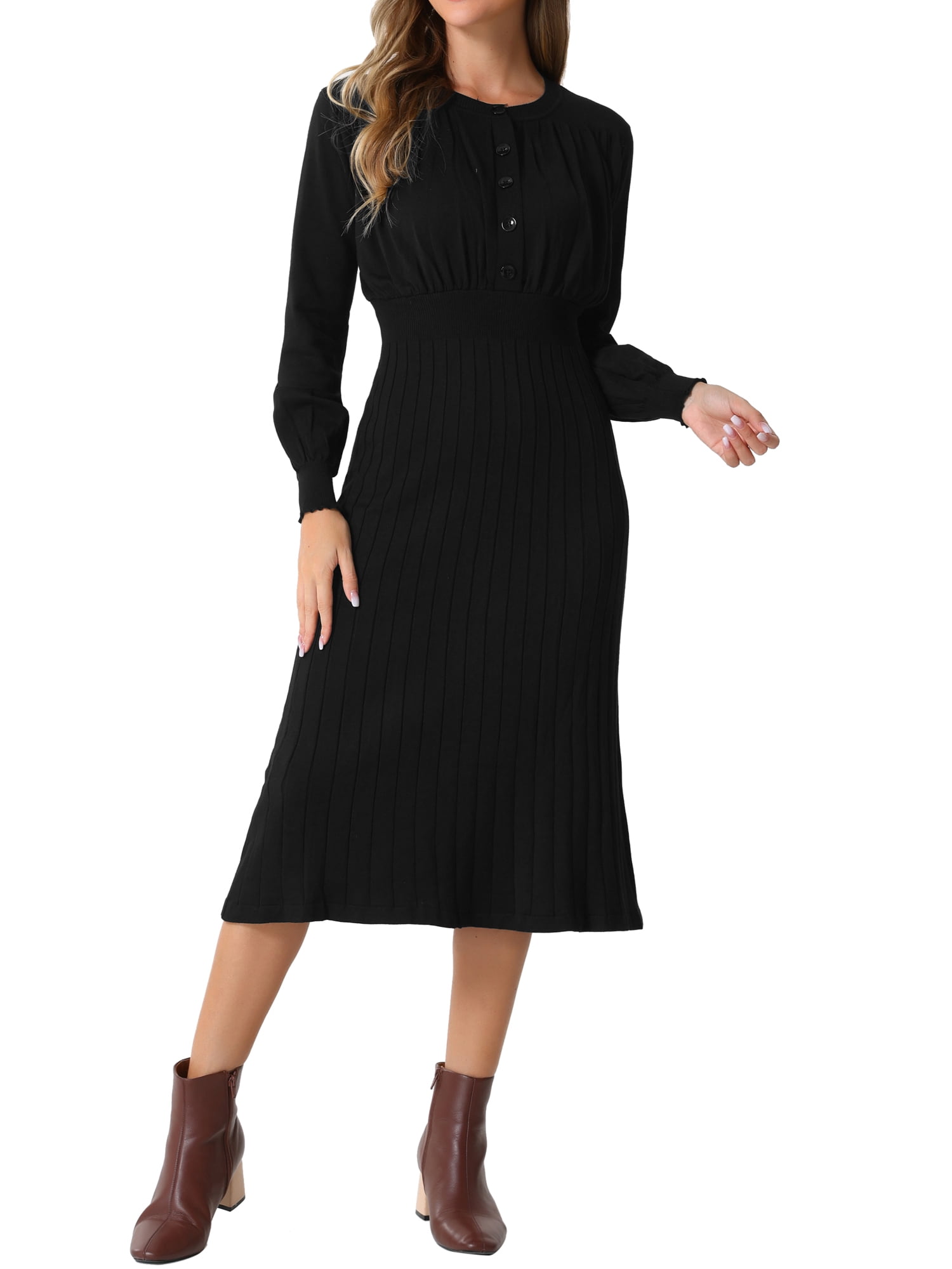 INSPIRE CHIC Women's Ribbed Knit Dress Crew Neck Pleated Lantern Sleeve ...