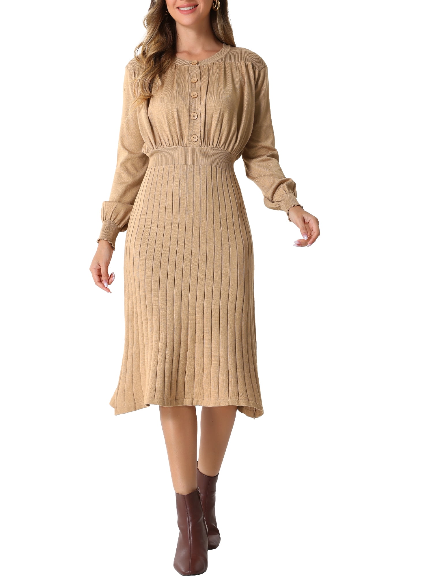 INSPIRE CHIC Women's Ribbed Knit Dress Crew Neck Pleated Lantern Sleeve ...