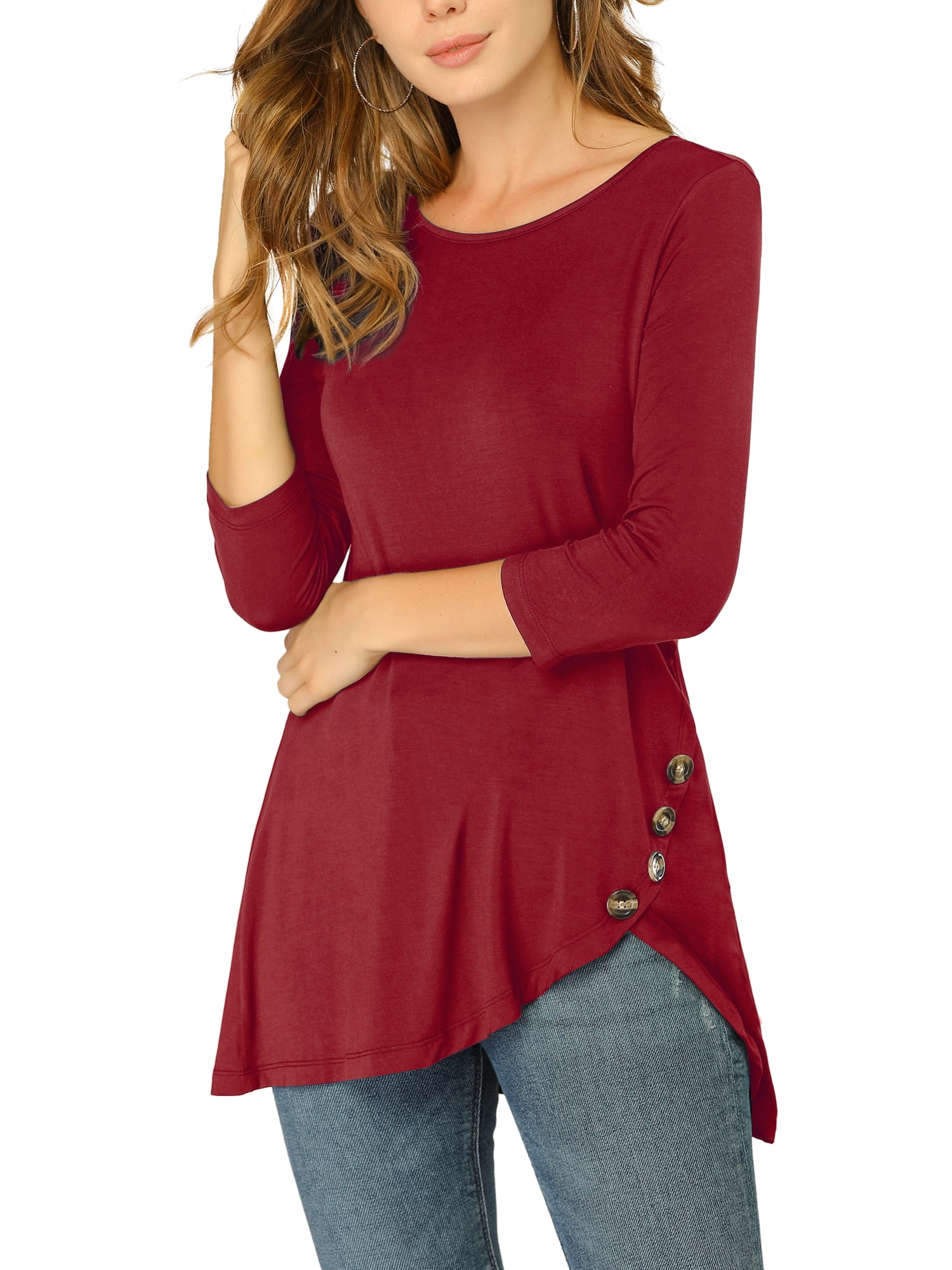INSPIRE CHIC Women's Round Neck 3/4 Sleeve Button Decor Asymmetric Hem ...