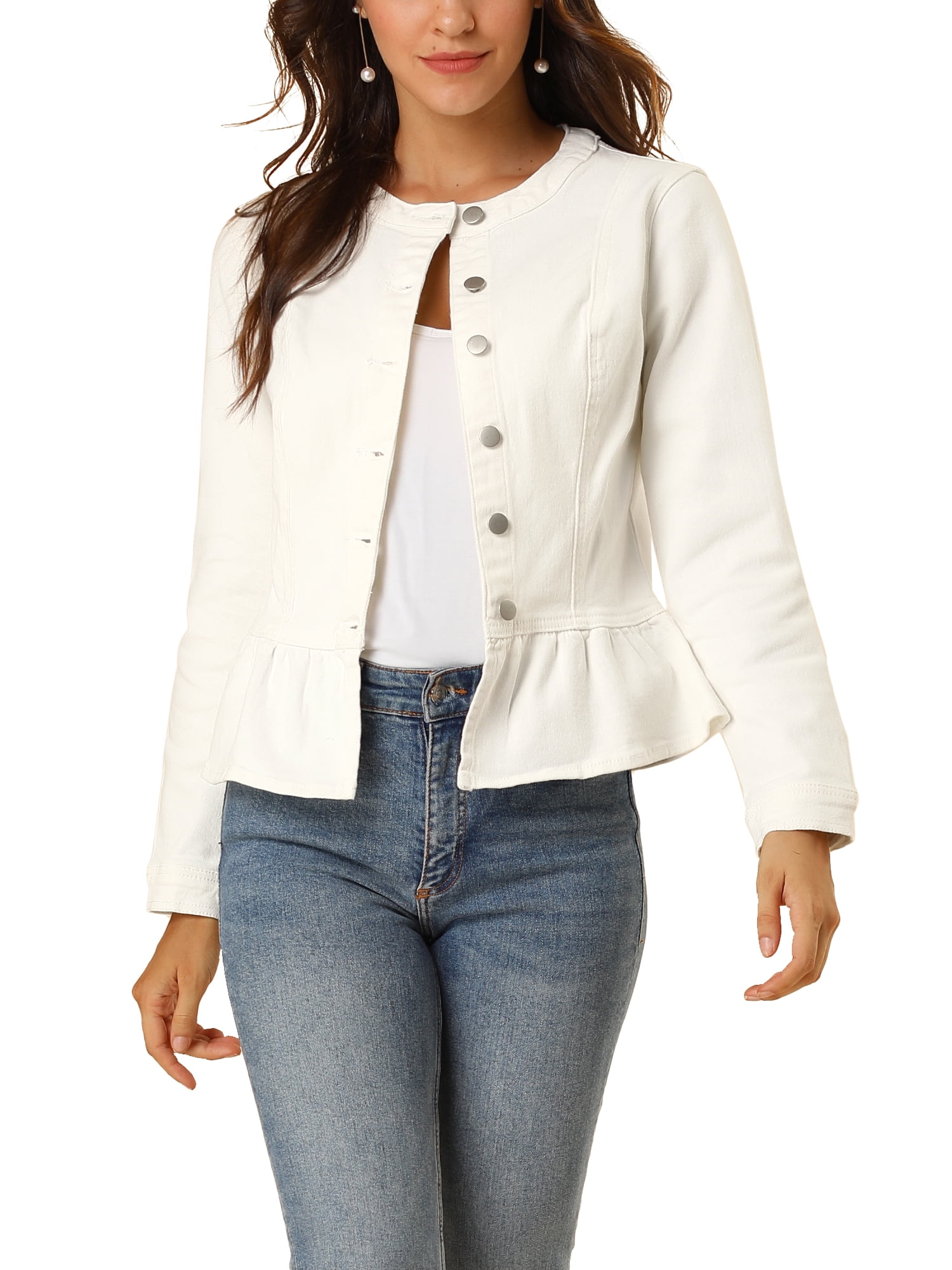 INSPIRE CHIC Women's Denim Jacket Button Down Peplum Hem Long Sleeves Cropped Washed Jean Jacket ...