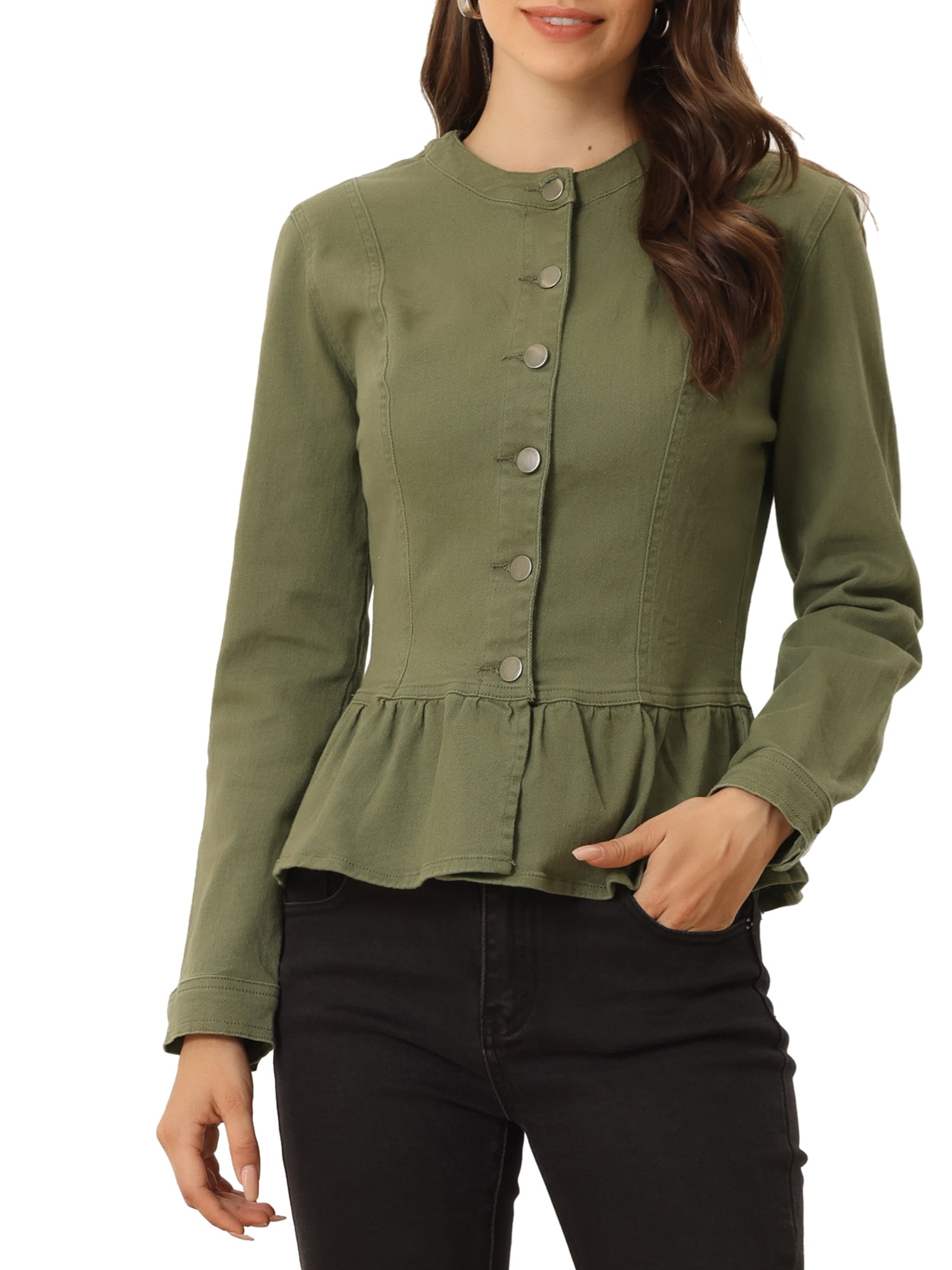 INSPIRE CHIC Women's Denim Jacket Button Down Peplum Hem Long Sleeves Cropped Washed Jean Jacket ...