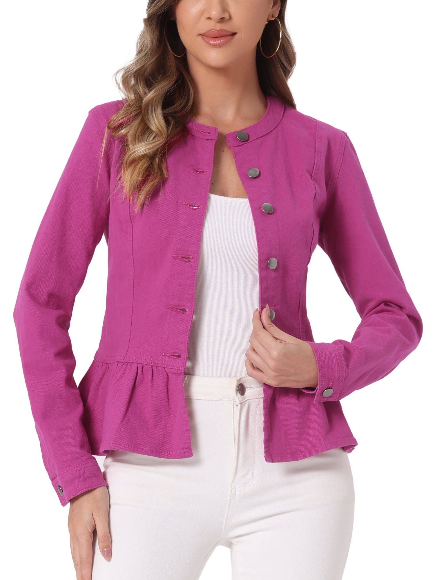 INSPIRE CHIC Women's Denim Jacket Button Down Peplum Hem Long Sleeve Cropped Washed Jean Jacket ...