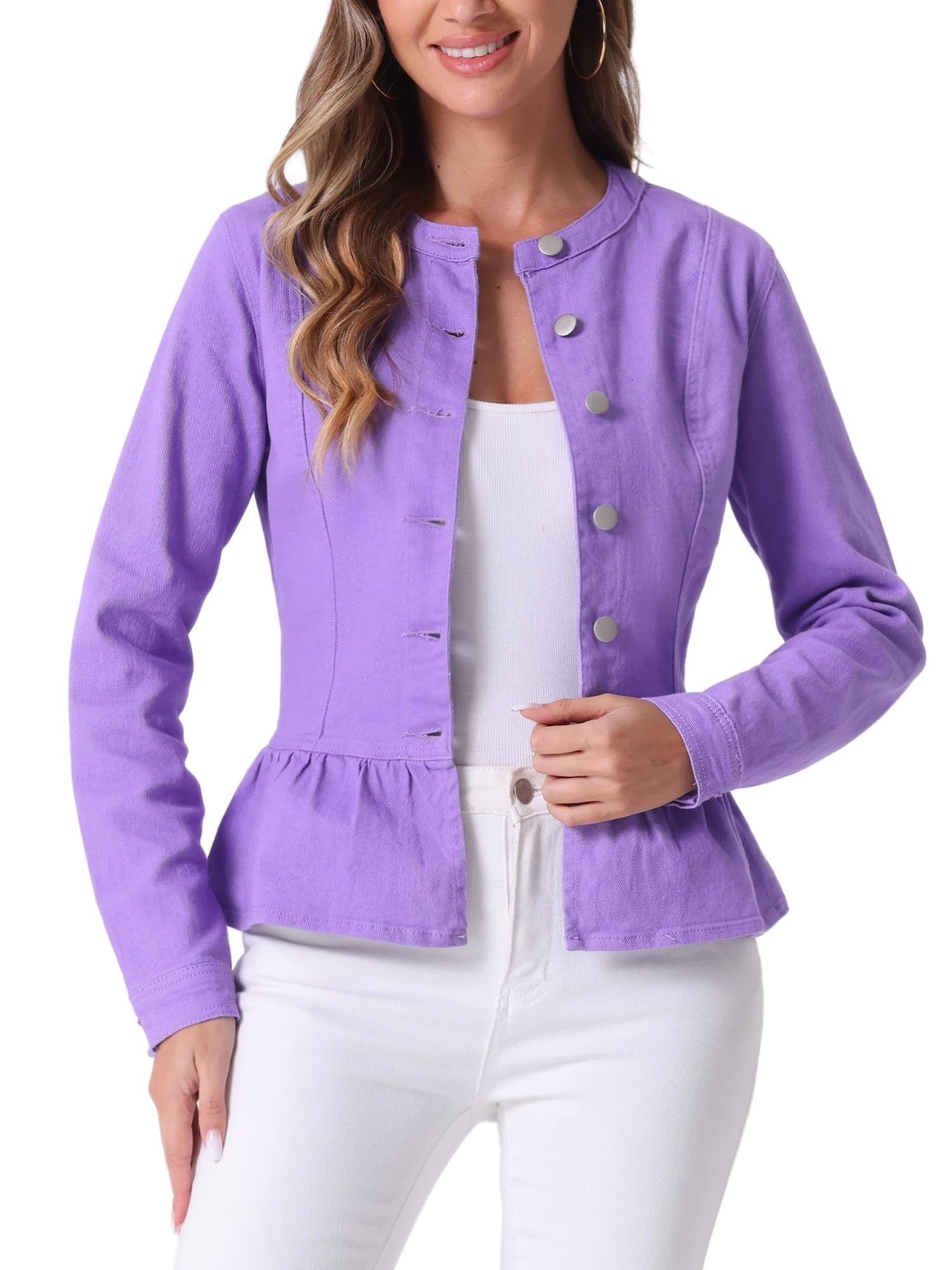 INSPIRE CHIC Women's Denim Jacket Button Down Peplum Hem Long Sleeves Cropped Washed Jean Jacket ...