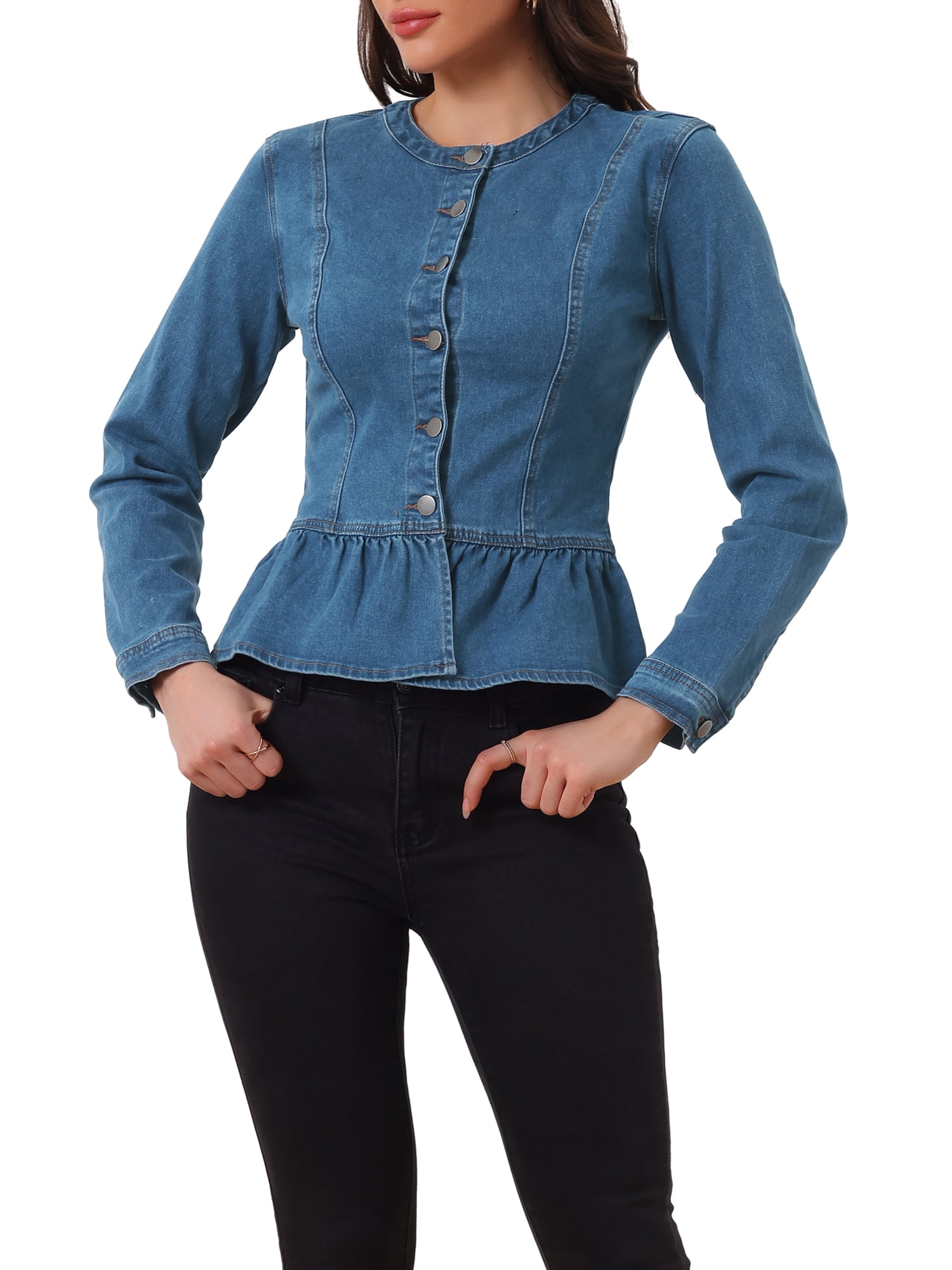 INSPIRE CHIC Women's Denim Jacket Button Down Peplum Hem Long Sleeves Cropped Washed Jean Jacket ...