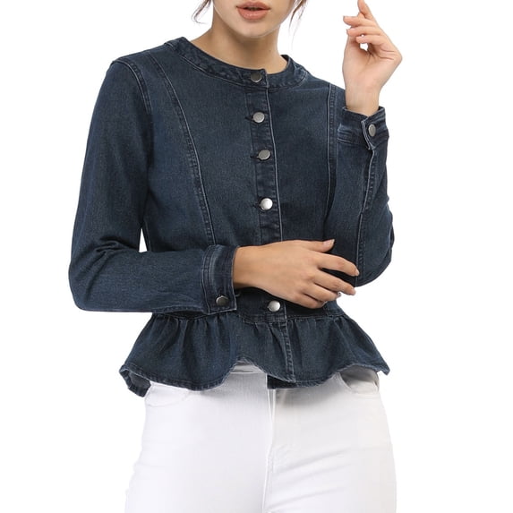 INSPIRE CHIC Women's Denim Jacket Button Down Peplum Hem Long Sleeves ...