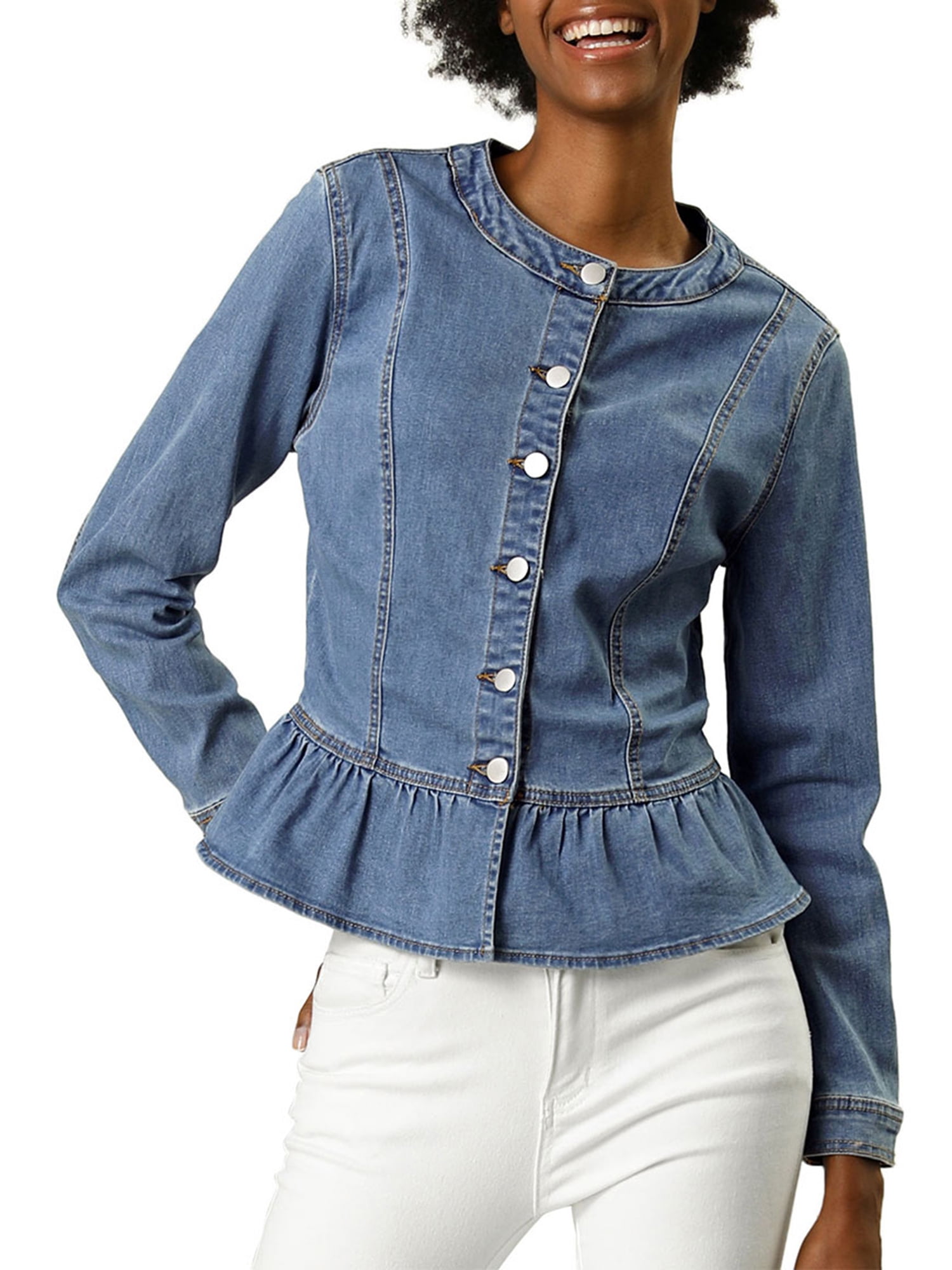 INSPIRE CHIC Women's Denim Jacket Button Down Peplum Hem Long Sleeve Cropped Washed Jean Jacket ...