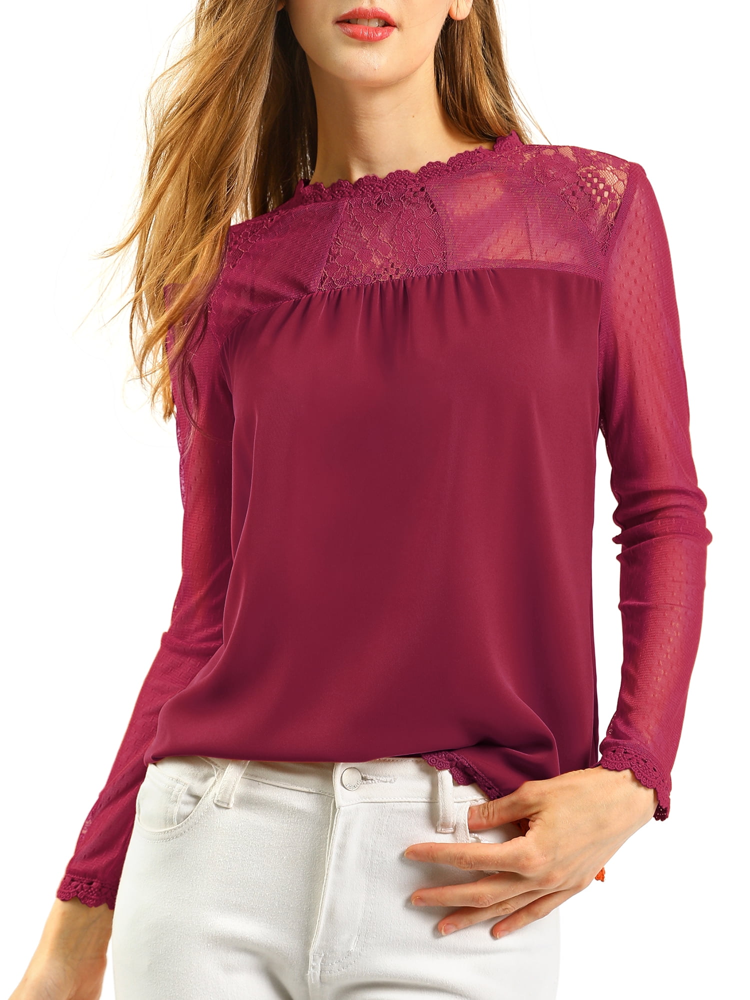 INSPIRE CHIC Women's Round Neck Casual Blouses Lace Floral Long Sleeve ...