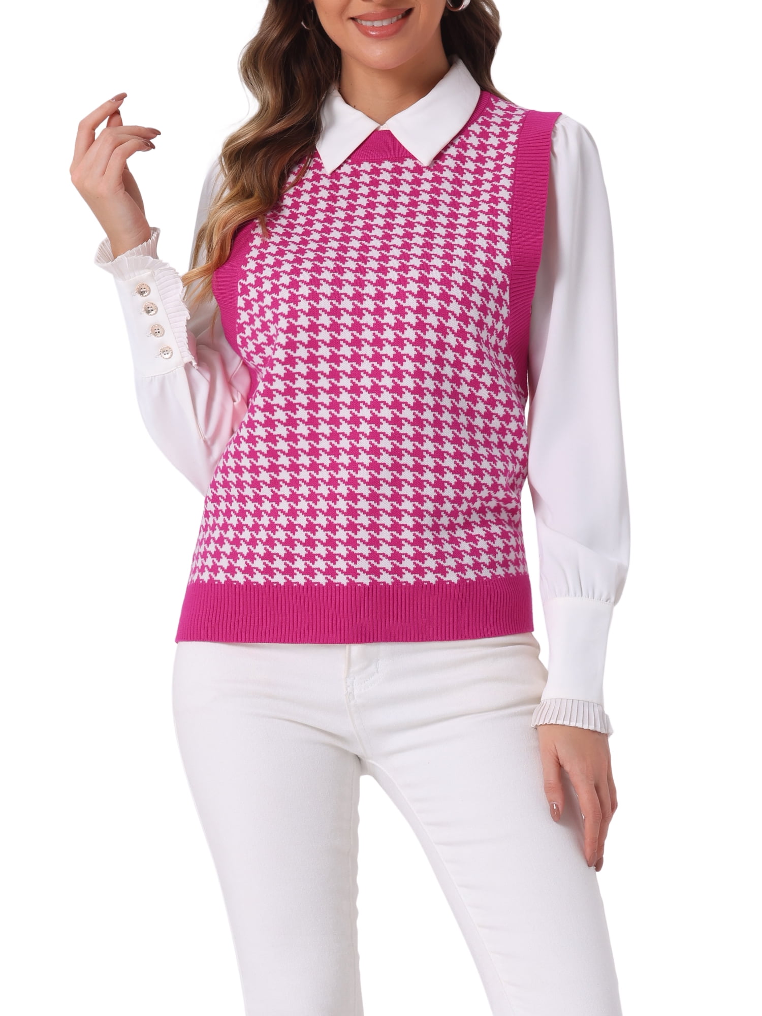 INSPIRE CHIC Women's Round Neck Knitted Sleeveless Houndstooth Plaid ...