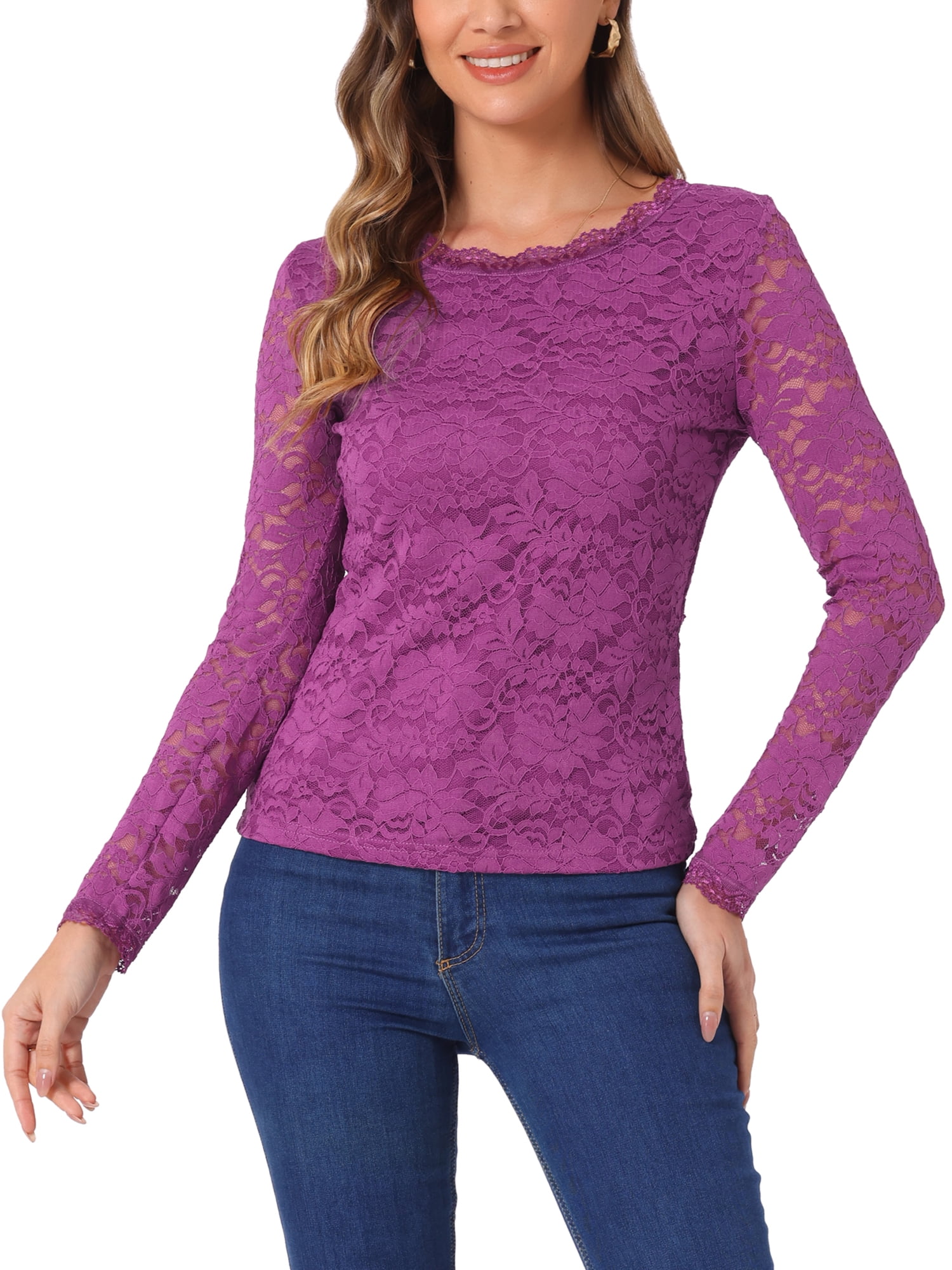 INSPIRE CHIC Women's Round Neck Long Sleeves Sheer Flower Embroidery ...