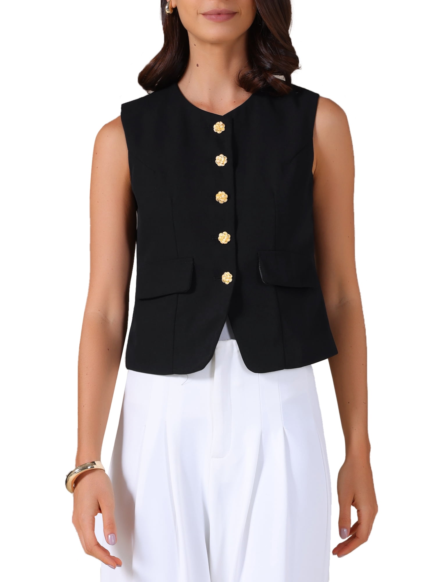 INSPIRE CHIC Women's Round Neck Suit Vest Sleeveless Floral Button ...