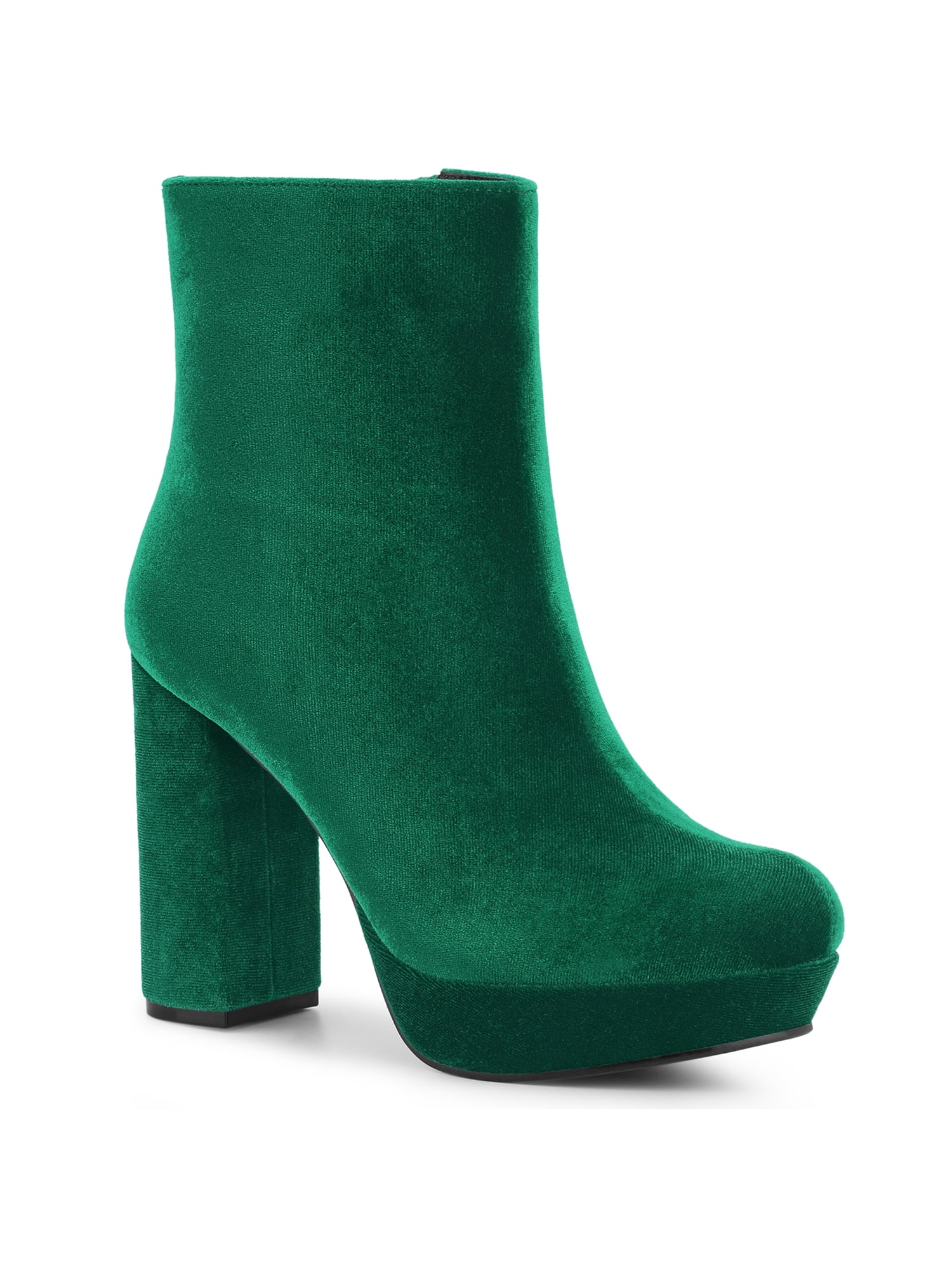 BLISSFUL STEP Women's Round Toe Faux Velvet Block Heels Ankle Boots ...