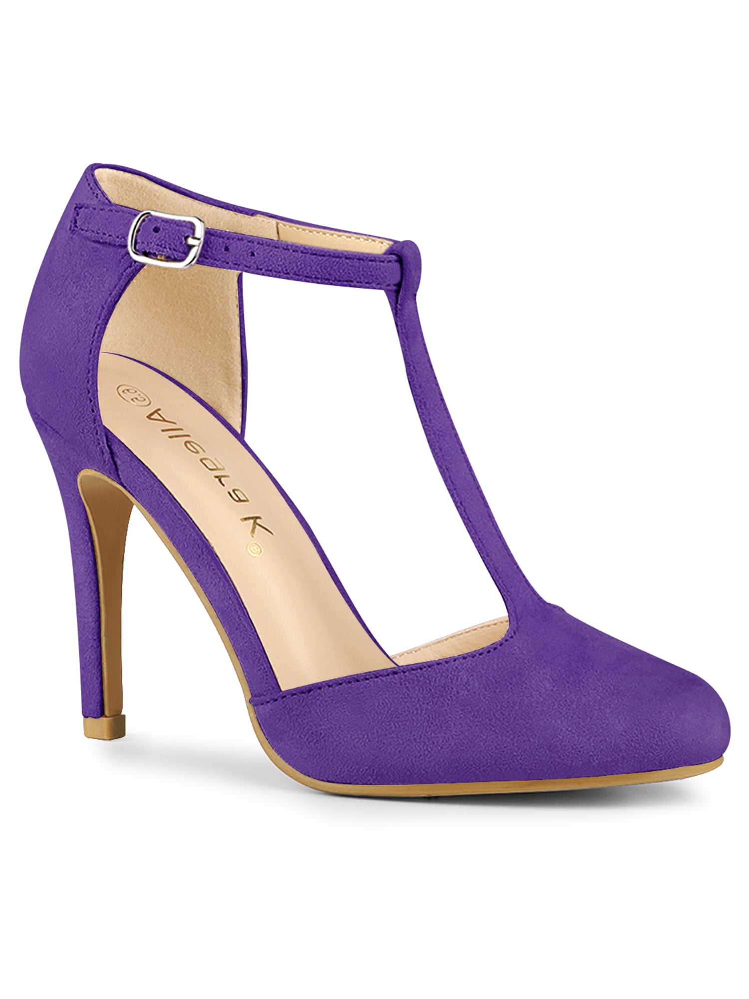 BLISSFUL STEP Women's Round Toe Stiletto Heel T-Strap Dress Pumps ...