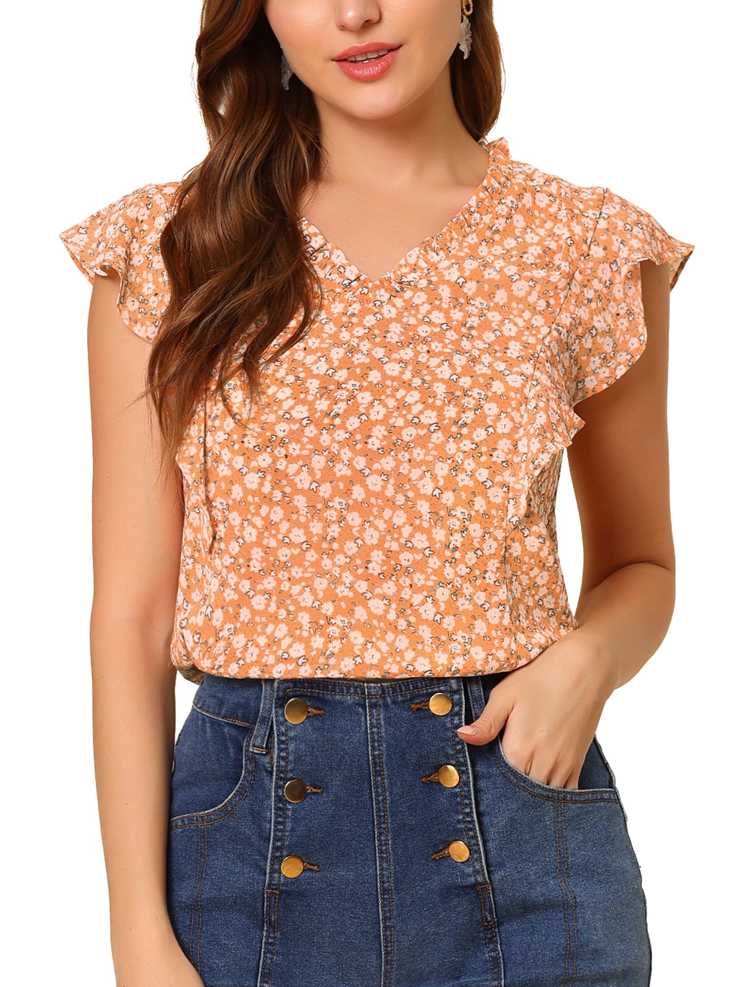 INSPIRE CHIC Women's Ruffle Floral Casual V Neck Cap Sleeve Summer Tops ...