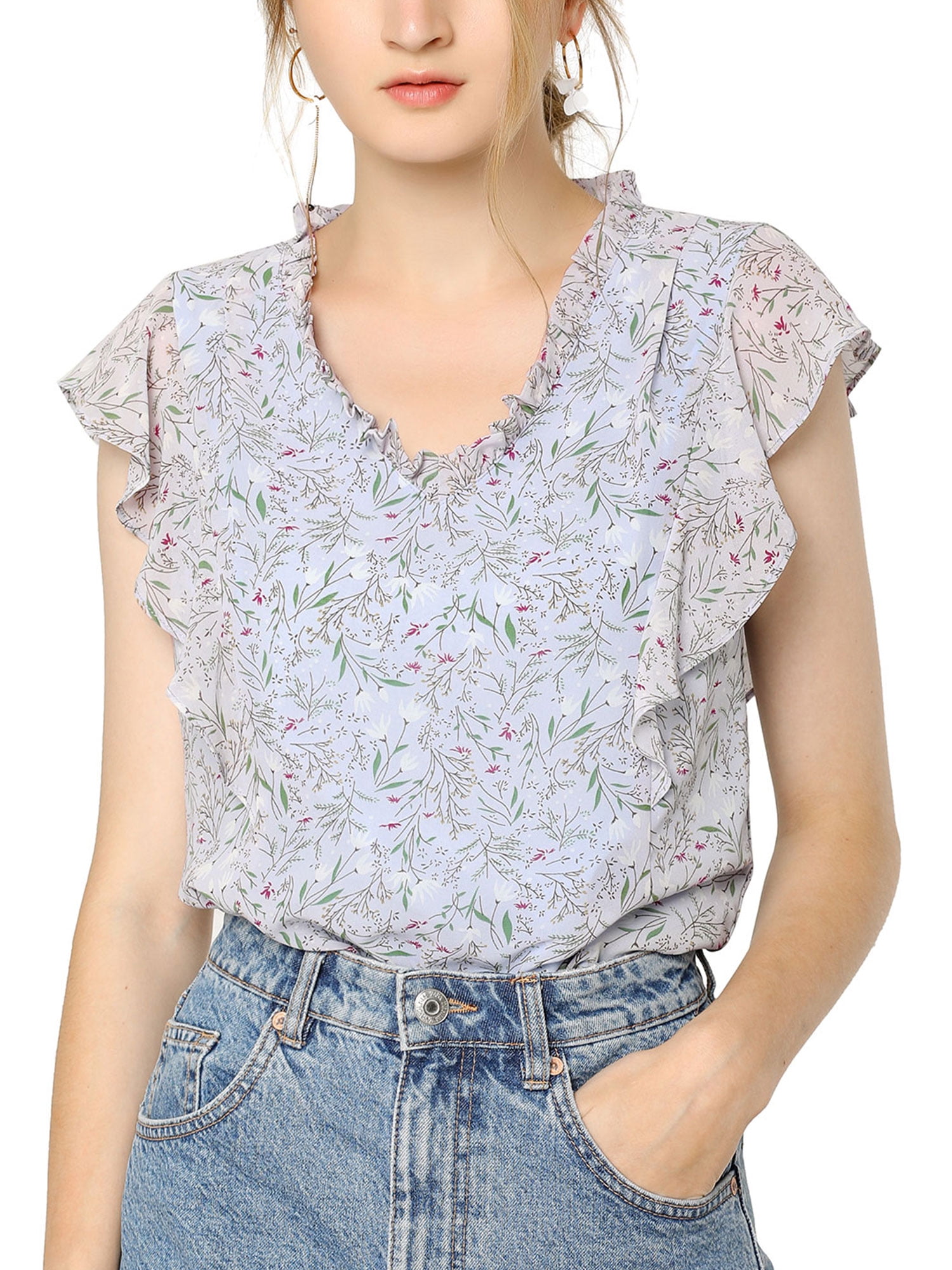 INSPIRE CHIC Women's Ruffle Floral Casual V Neck Cap Sleeve Summer Tops ...