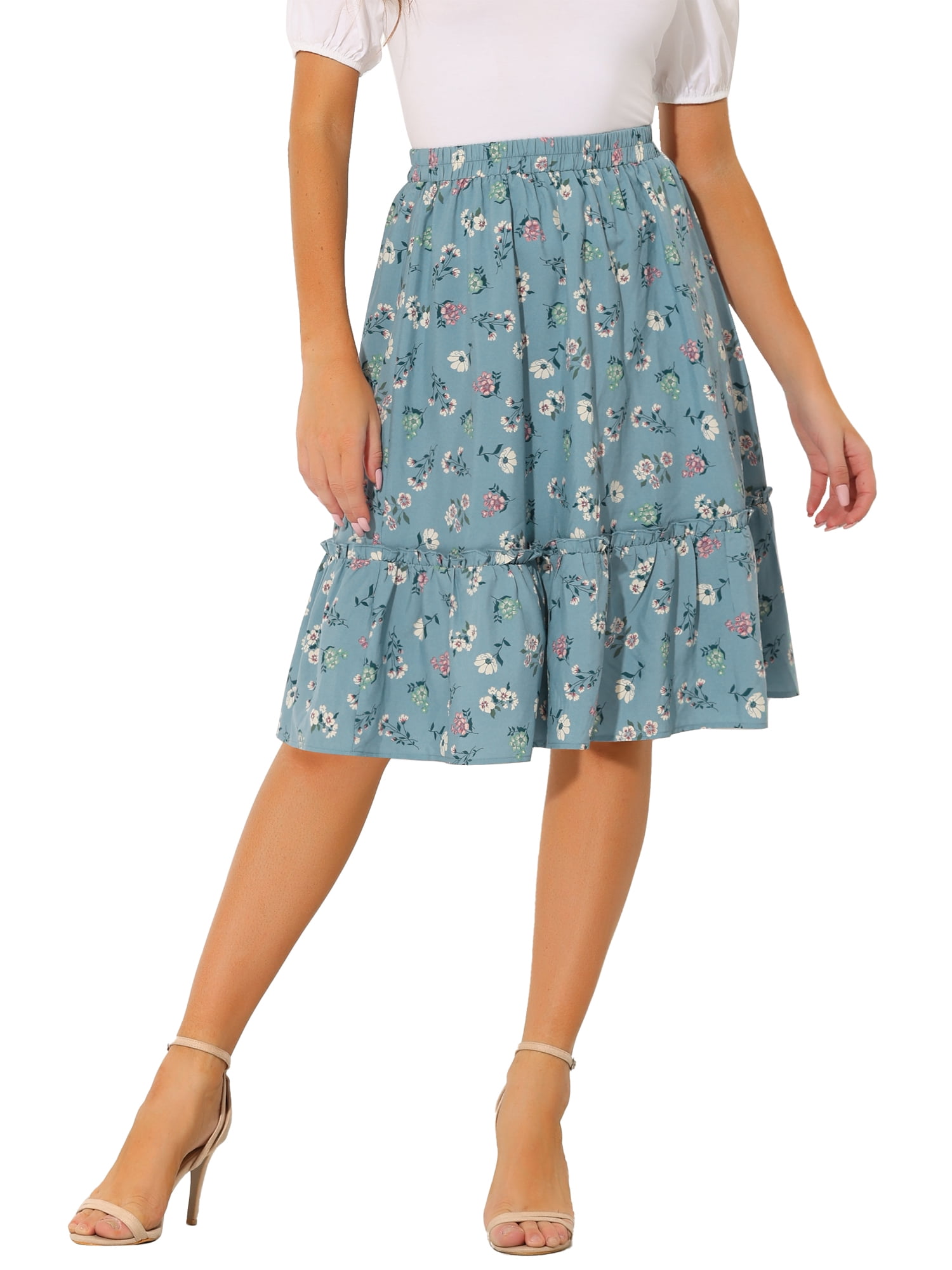 INSPIRE CHIC Women's Skirts Knee Length Elastic Waist A-Line Flowy ...