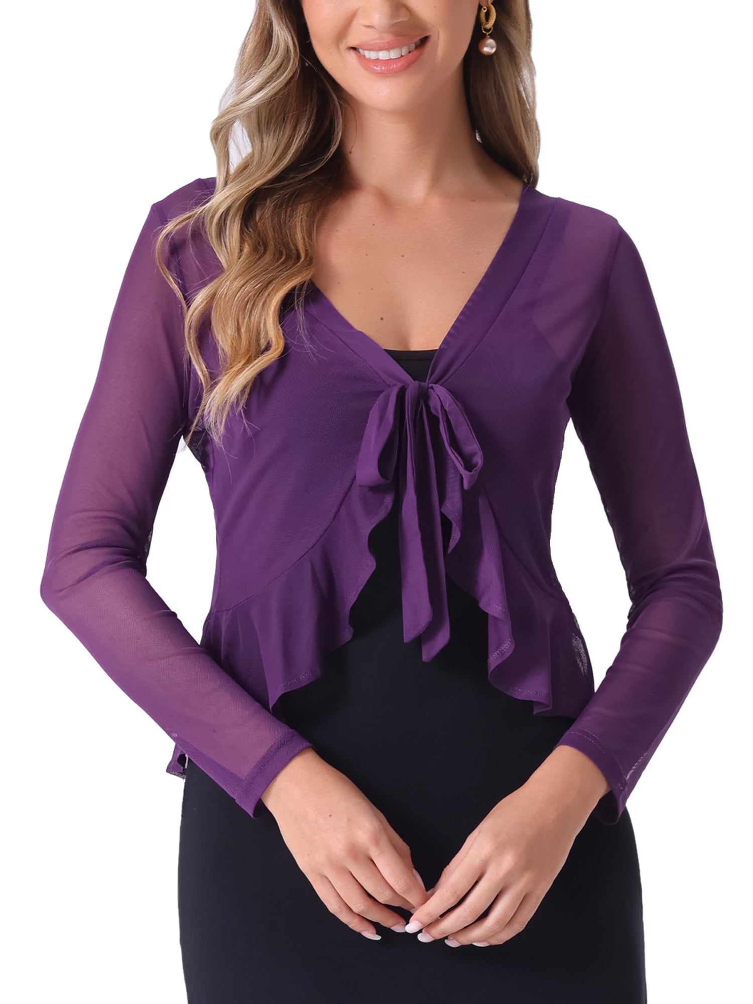 INSPIRE CHIC Women's Ruffle Long Sleeves Casual Self Tie Bolero Mesh ...