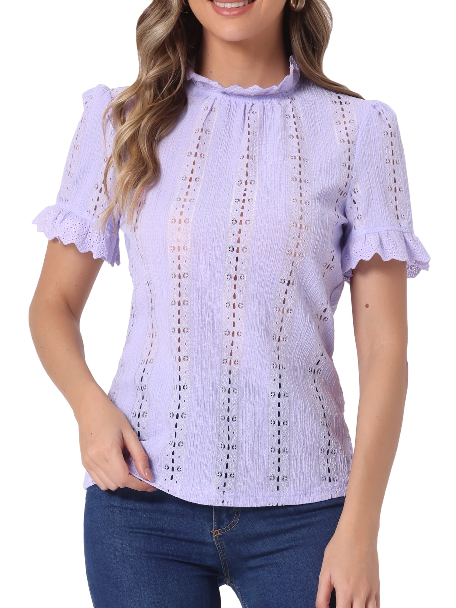 INSPIRE CHIC Women's Ruffle Mock Neck Puff Short Sleeve Casual Crochet Eyelet Embroidery Blouse ...