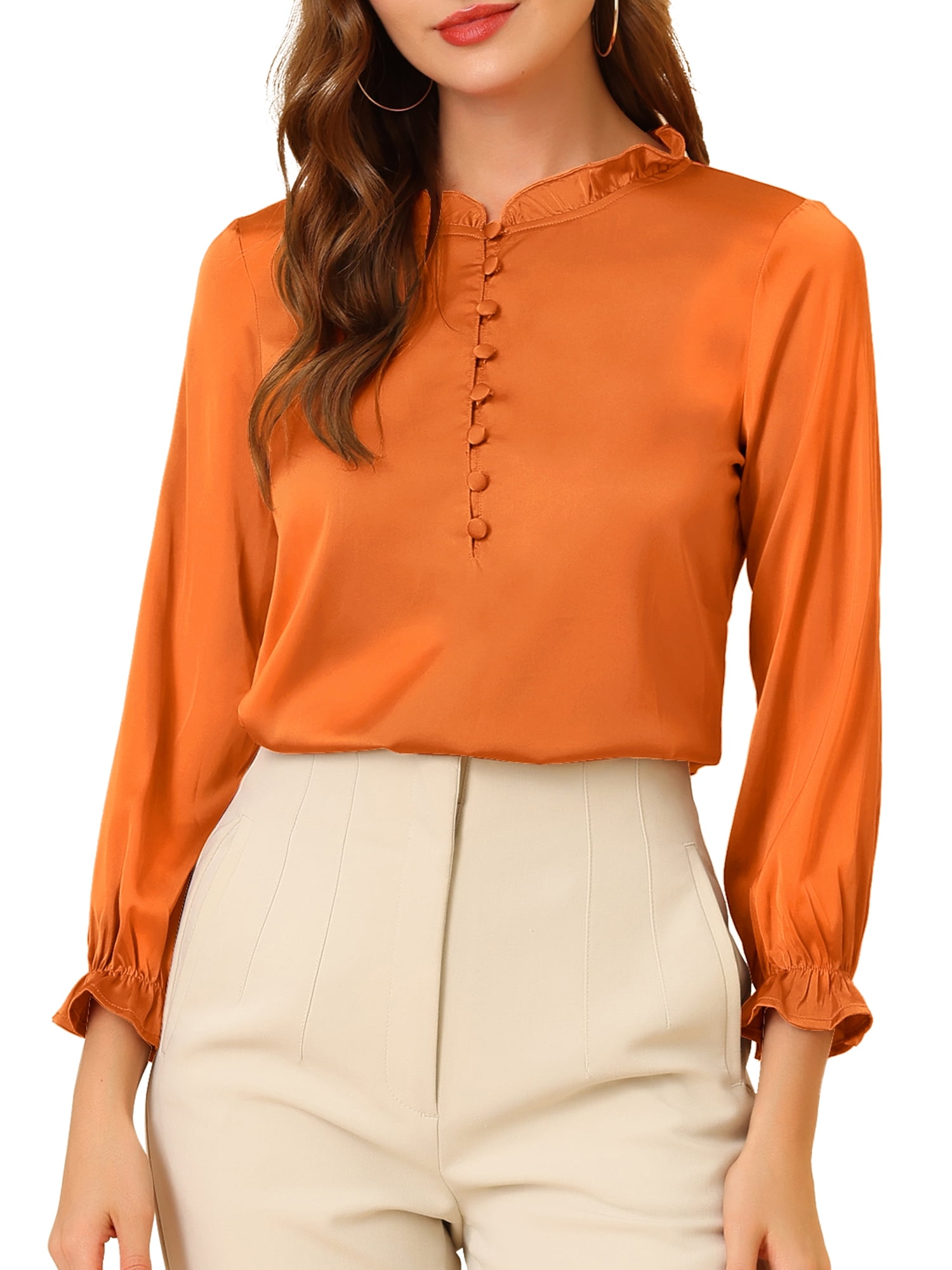 Allegra K Women's Ruffle Neck Bubble Sleeve Elastic Cuff Button Office ...