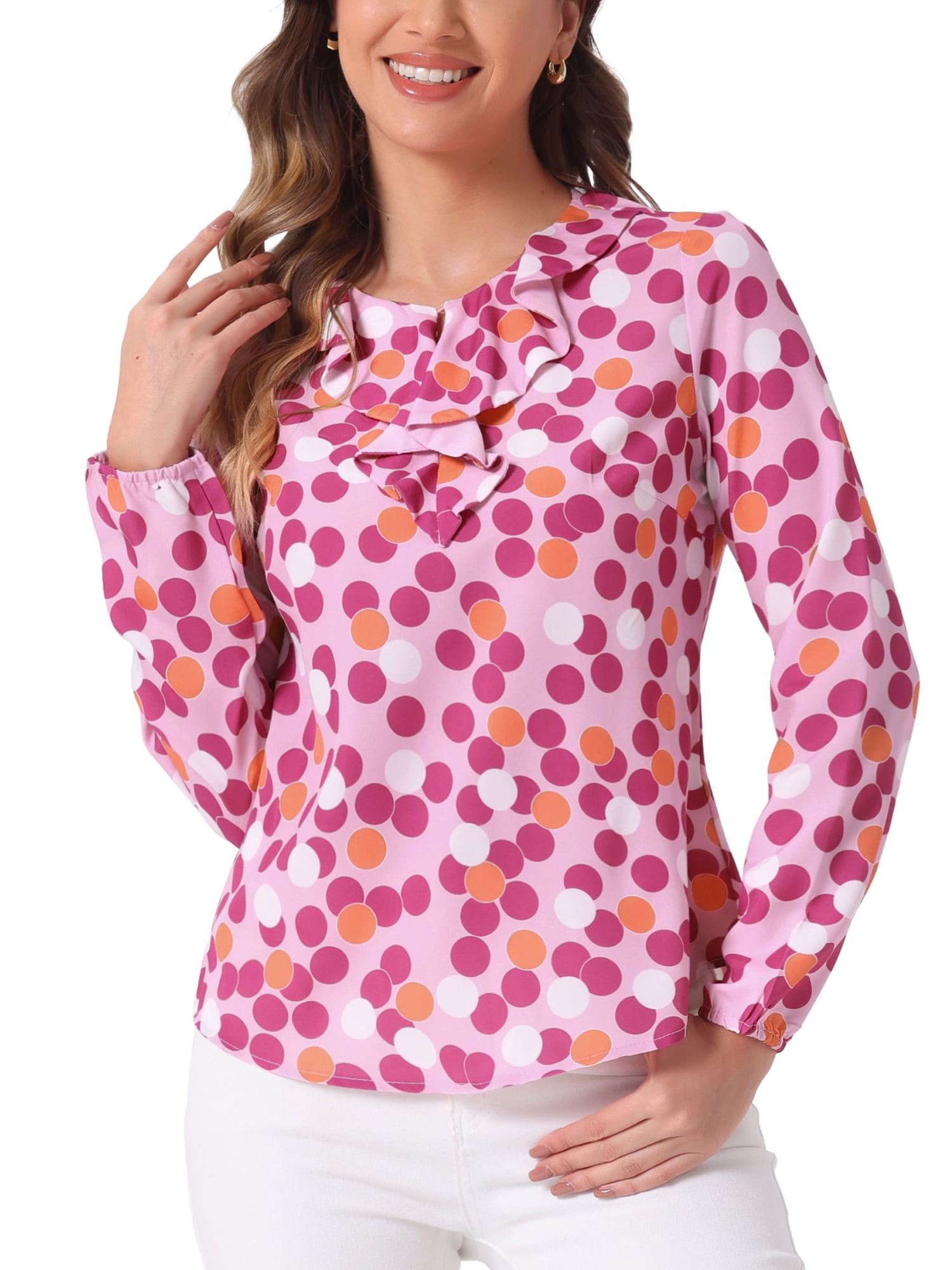 INSPIRE CHIC Women's Ruffle Neck Long Sleeve Blouse Shirts M Light Pink ...