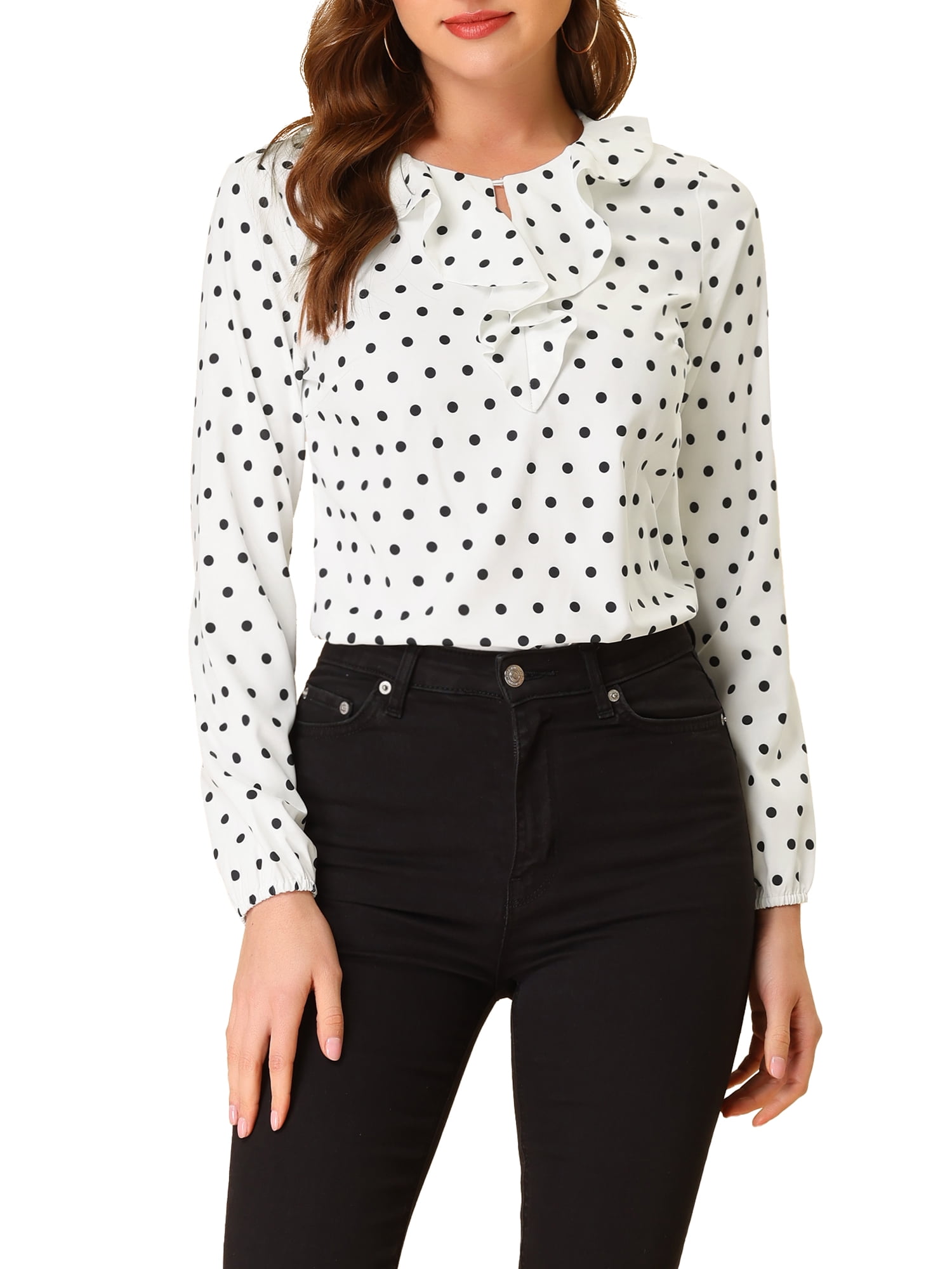 INSPIRE CHIC Women's Ruffle Neck Long Sleeve Blouse Shirts M White ...