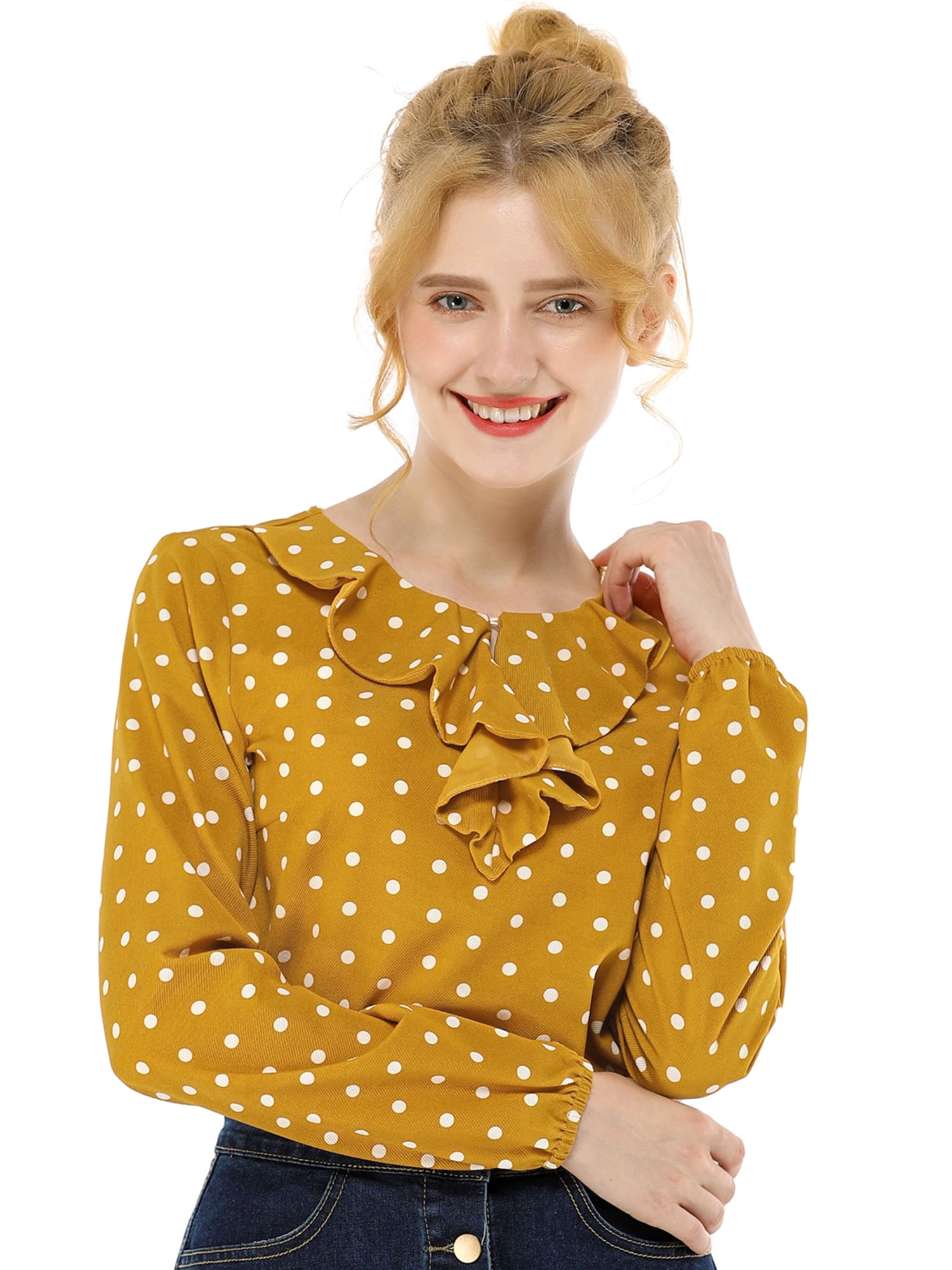 Allegra K Women's Ruffle Neck Long Sleeve Blouse Shirts M Yellow-Dots ...