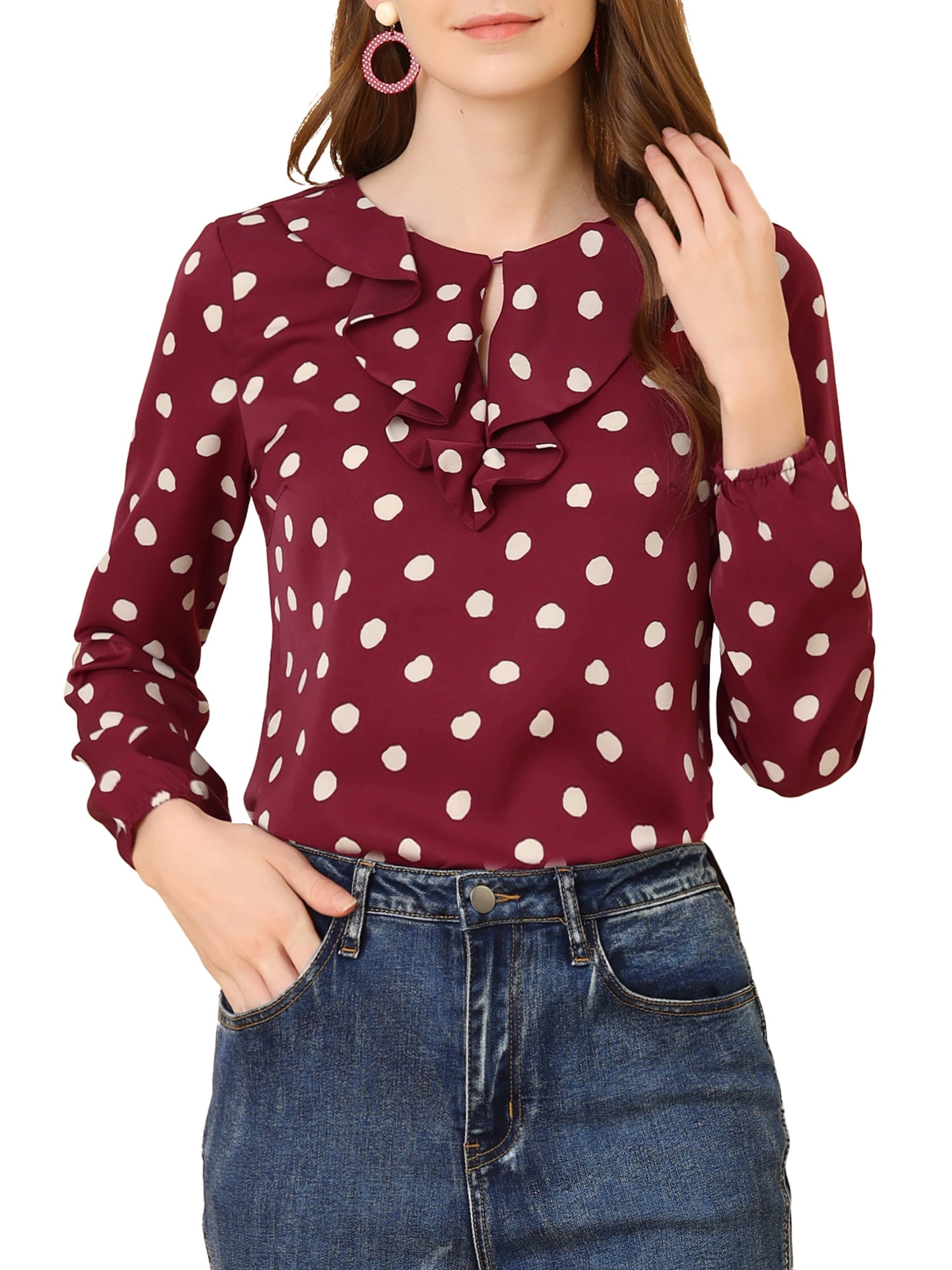 Allegra K Women's Ruffle Neck Long Sleeve Blouse Shirts S Burgundy ...